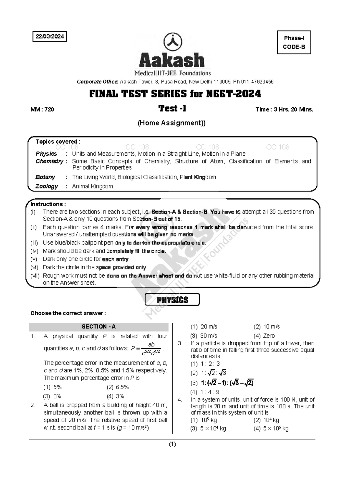 FTS 01 B P1 22 03 2024 Home Assignment - 22/03/ Corporate Office: Aakash Tower, 8, Pusa Road ...