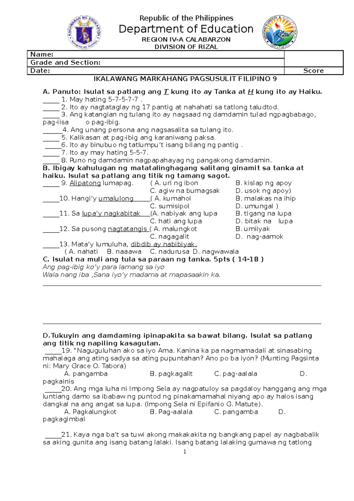 G9 Filipino Q2 EXAM final - Name: Grade and Section: Date: Score ...