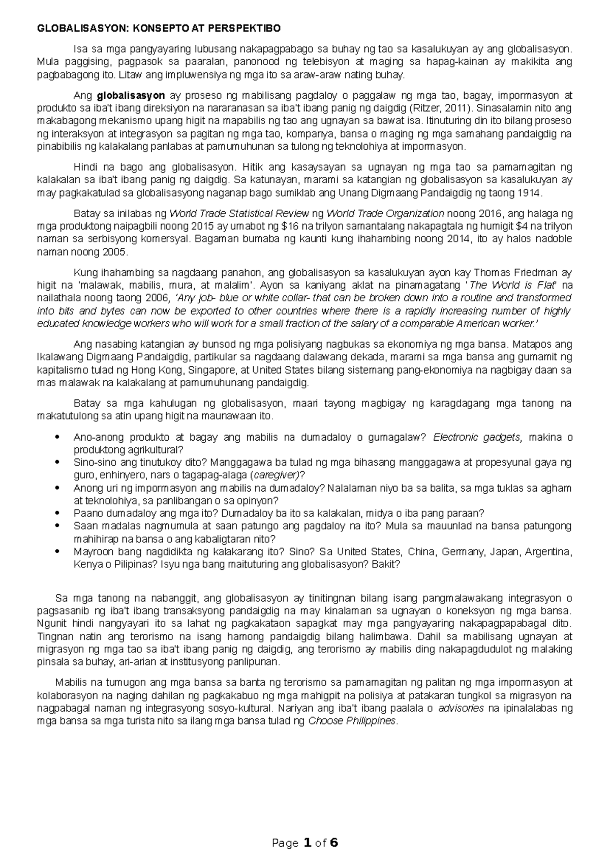 Globalisasyon Notes Week 1 - GLOBALISASYON: KONSEPTO AT PERSPEKTIBO Isa ...