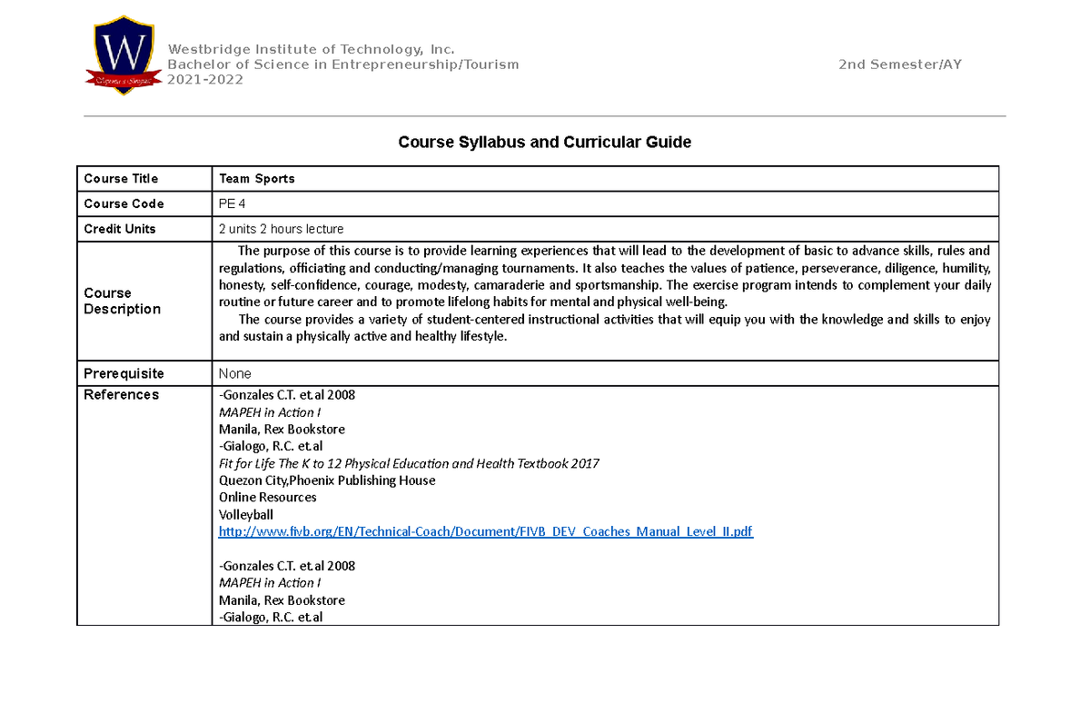 Team Sports Syllabus - Bachelor of Science in Entrepreneurship/Tourism ...