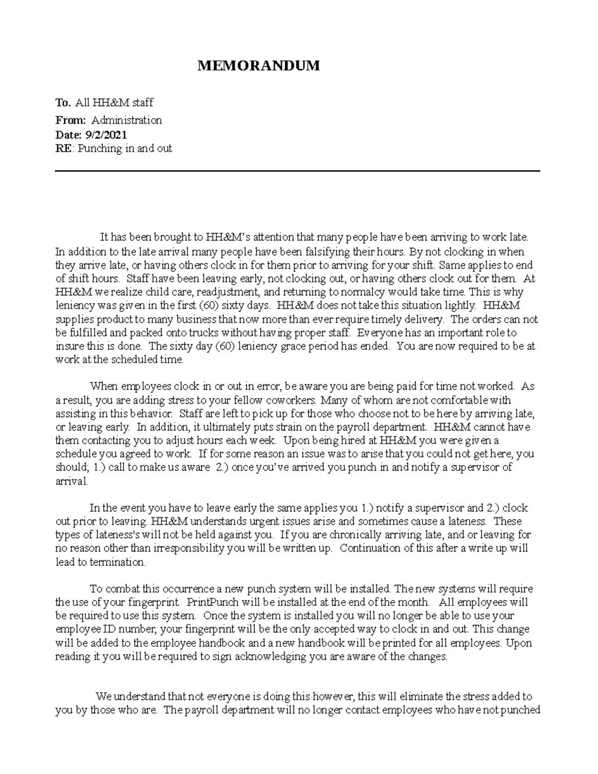 Business memorandum paper mandatory - MEMORANDUM To. All HH&M staff ...