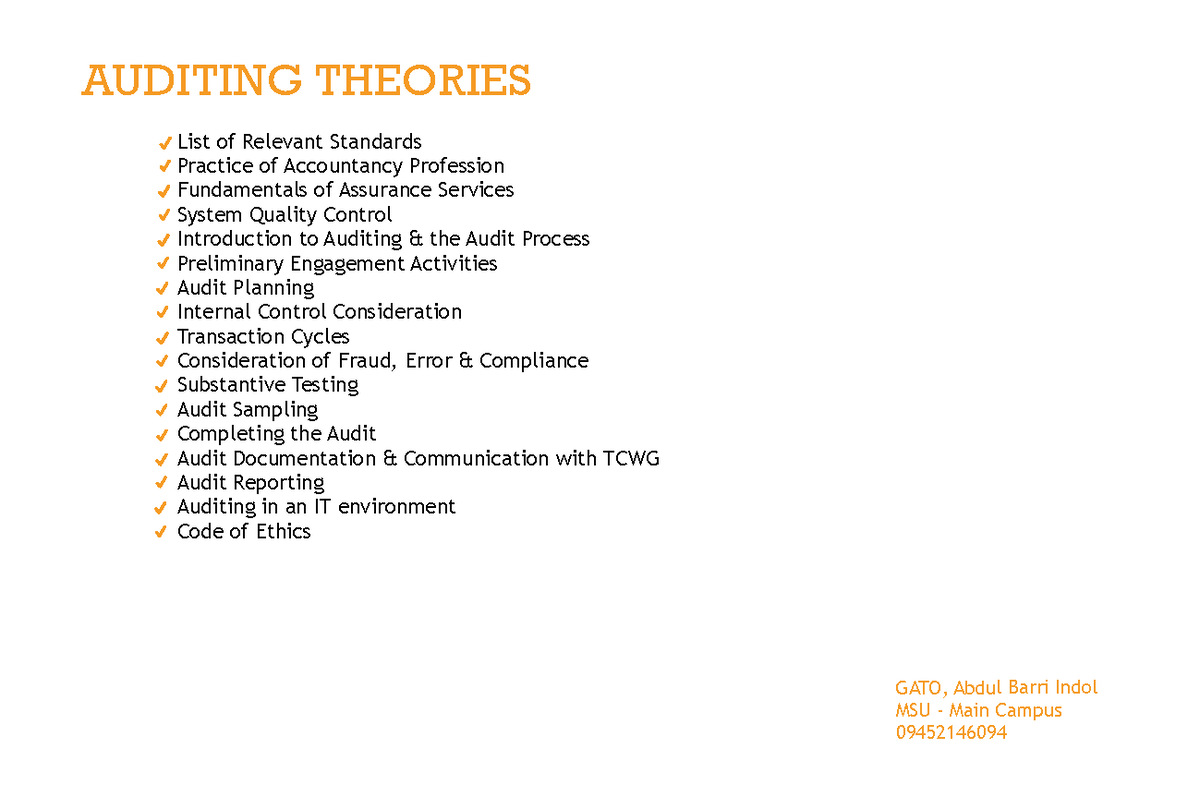 Auditing-Theories - Aud theory concepts - AUDITING THEORIES List of Relevant Standards Practice ...