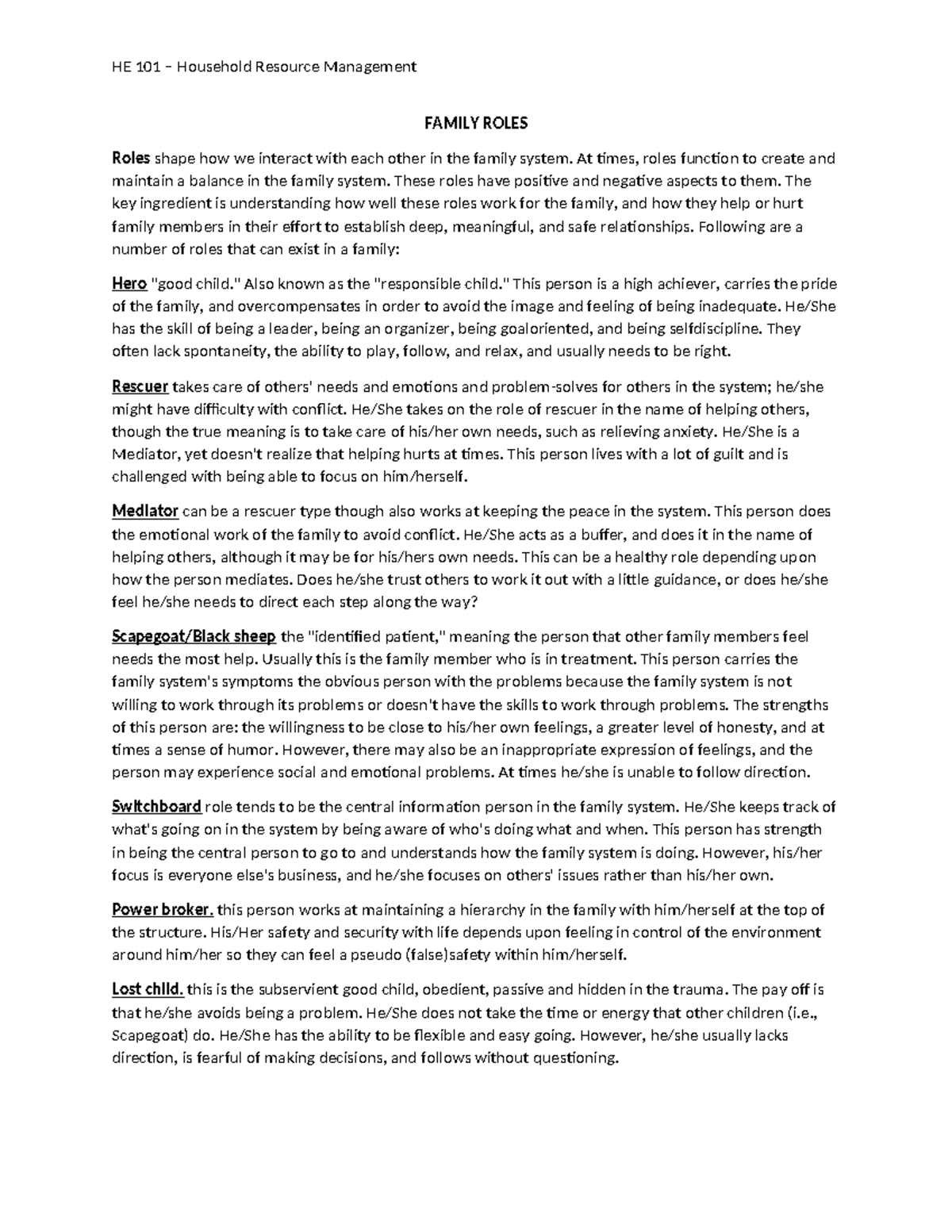 Family- Roles - MODULE - HE 101 – Household Resource Management FAMILY ...