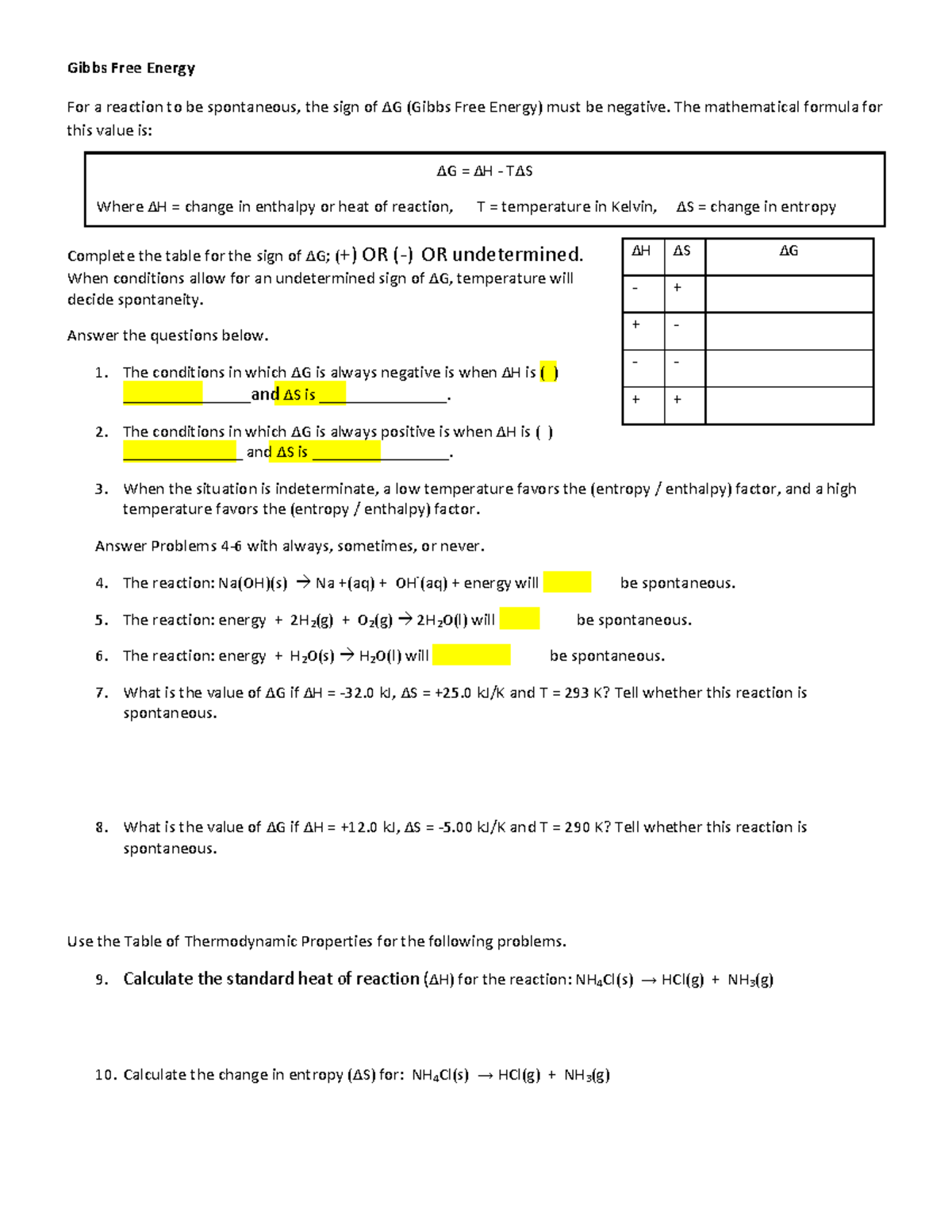 Gibbs Free Energy worksheet - Gibbs Free Energy For a reaction to be ...