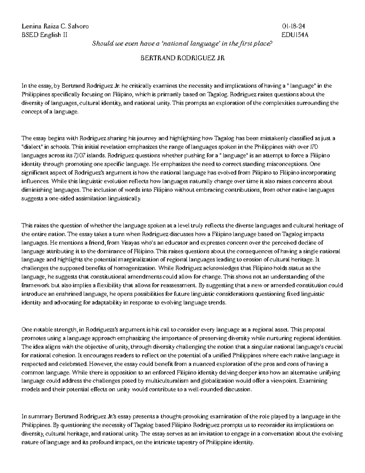 Task 1 Reaction Essay - .............. - Lenina Raiza C. Salvoro 01 ...