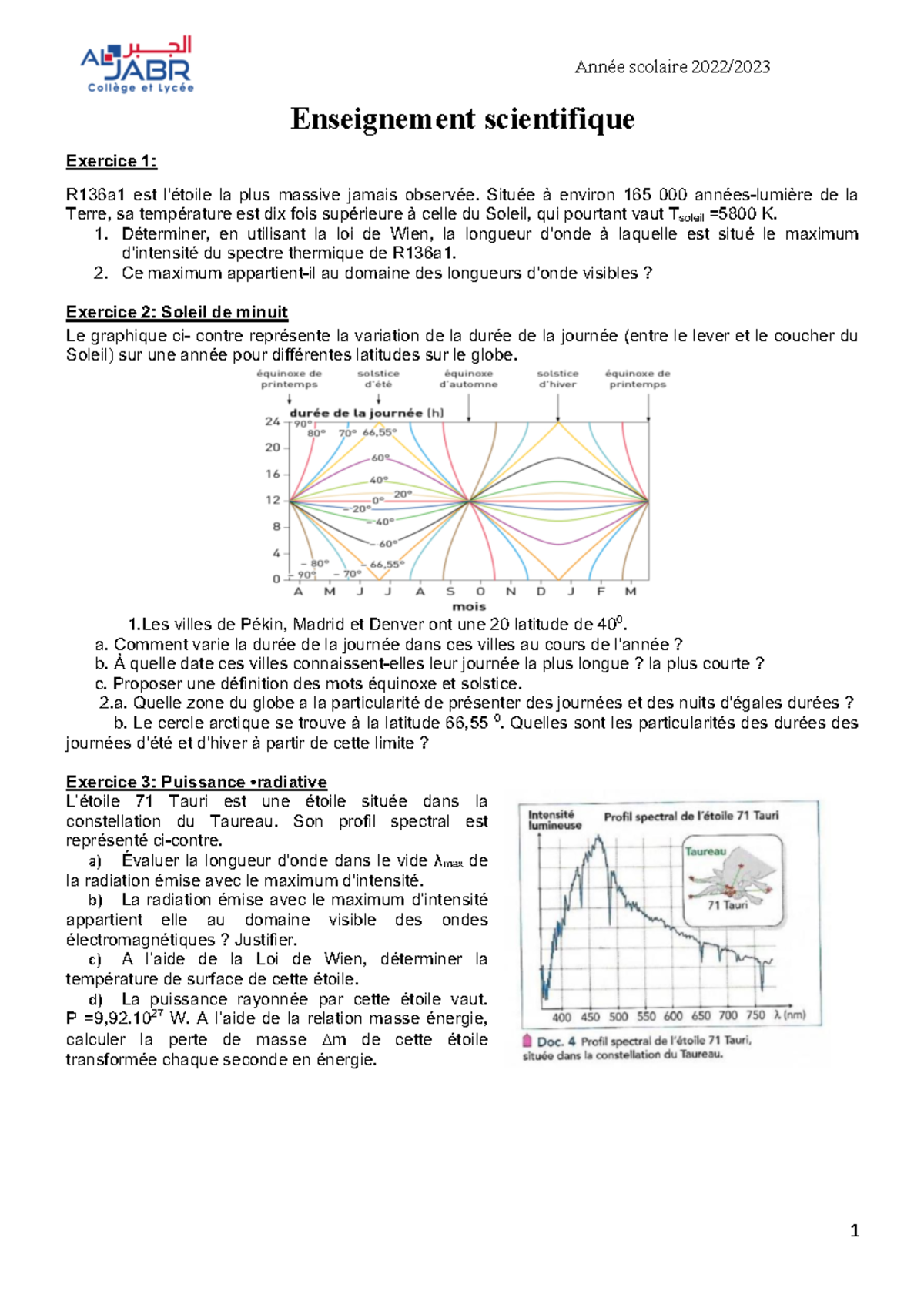 Ds rayonnement solaire - Année scolaire 20 22 /20 23 1 Enseignement ...