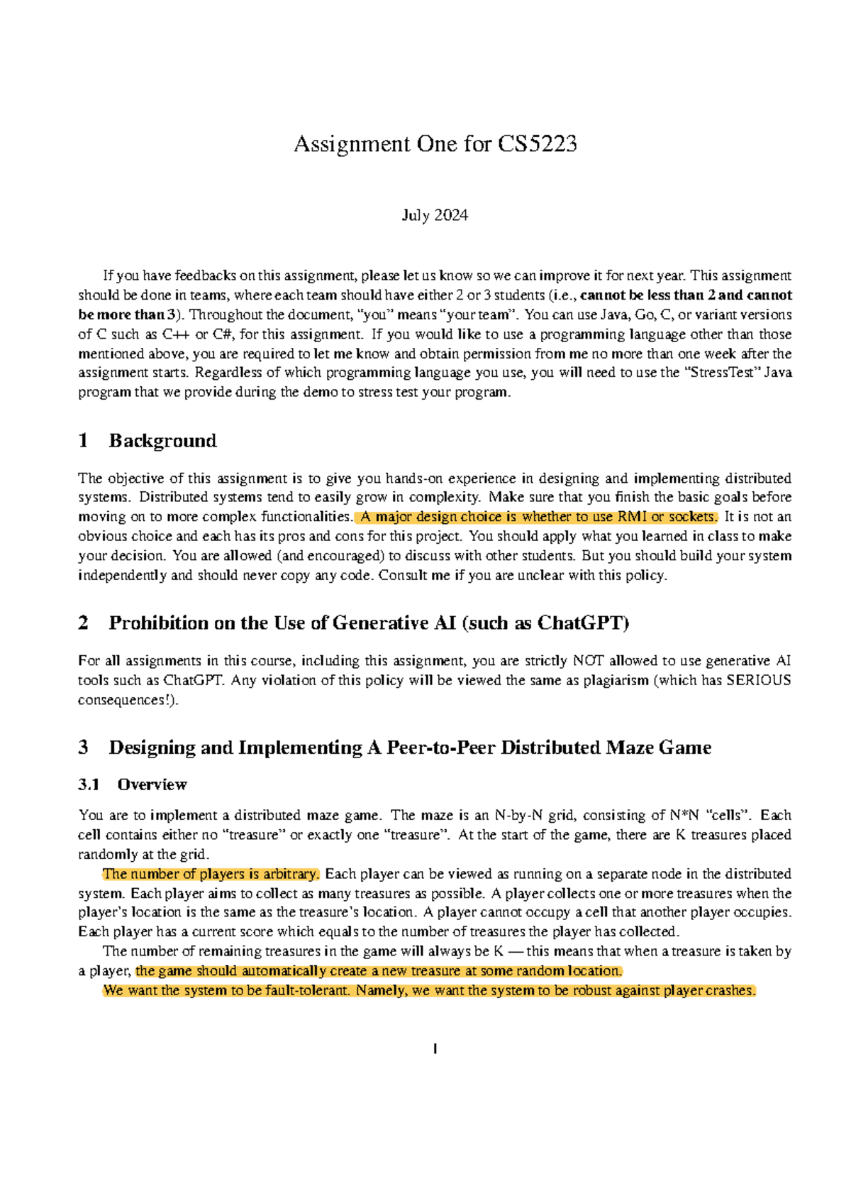 Assignment One - This assignment should be done in teams, where each team should have either 2 ...