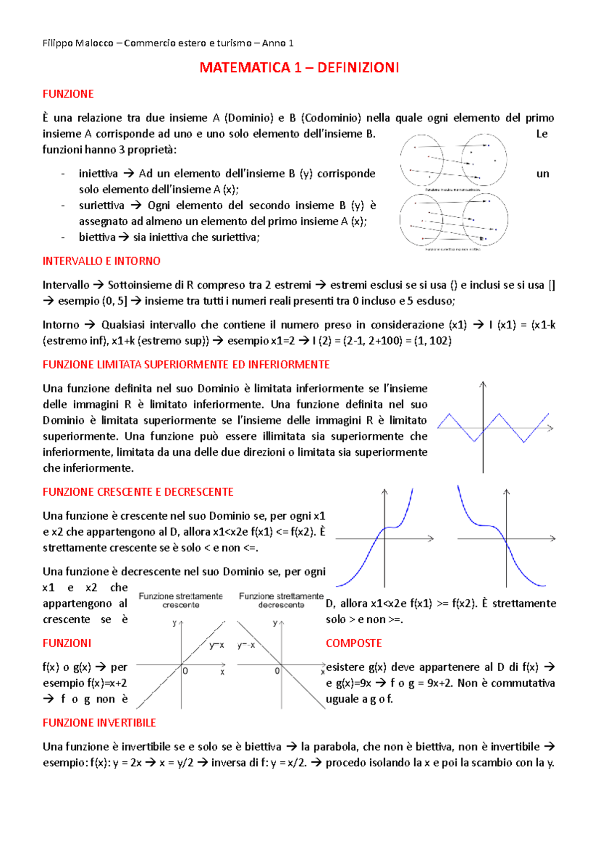 Matematica 1 - teoria + formule - MATEMATICA 1 – DEFINIZIONI FUNZIONE È ...