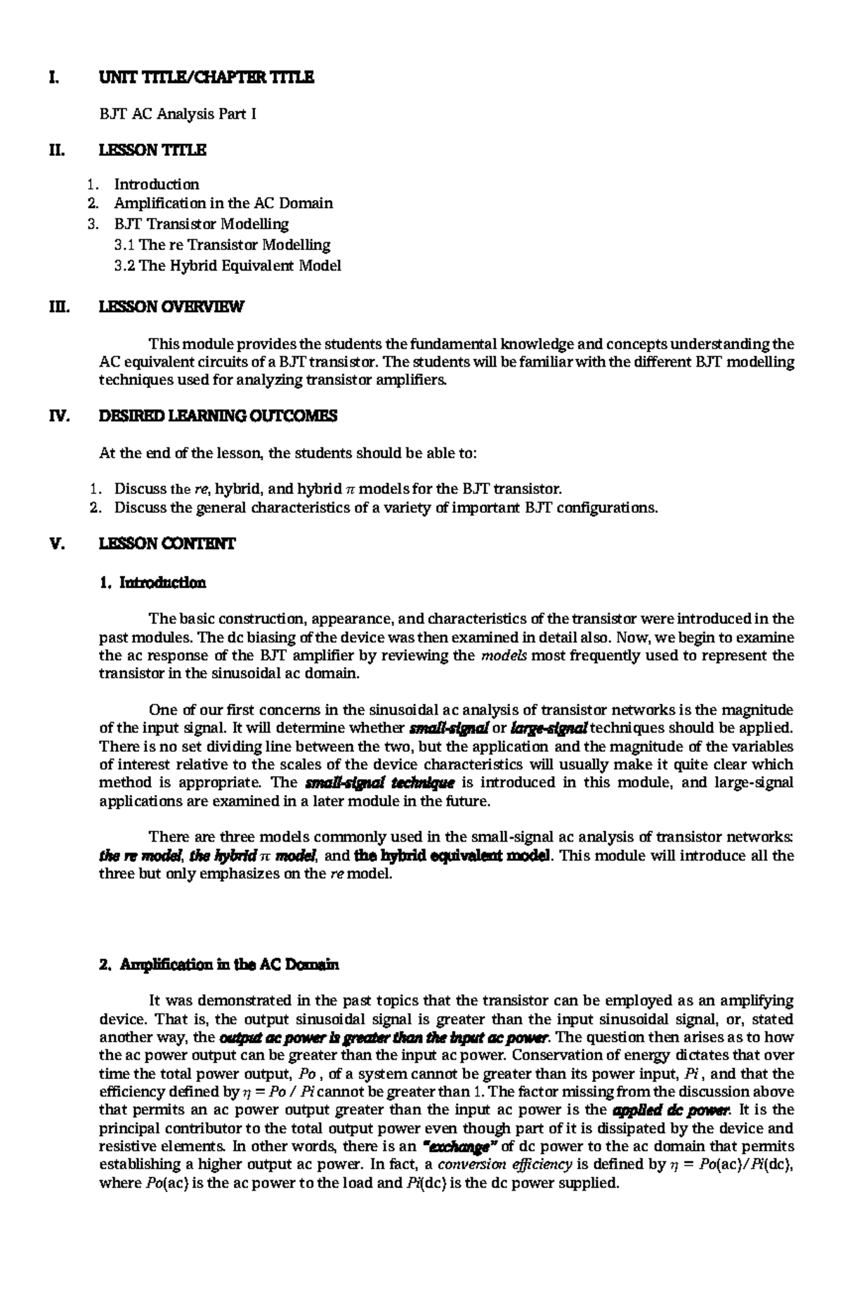 Elx 2 - electronics system and analysis lecture - I. UNIT TITLE/CHAPTER ...