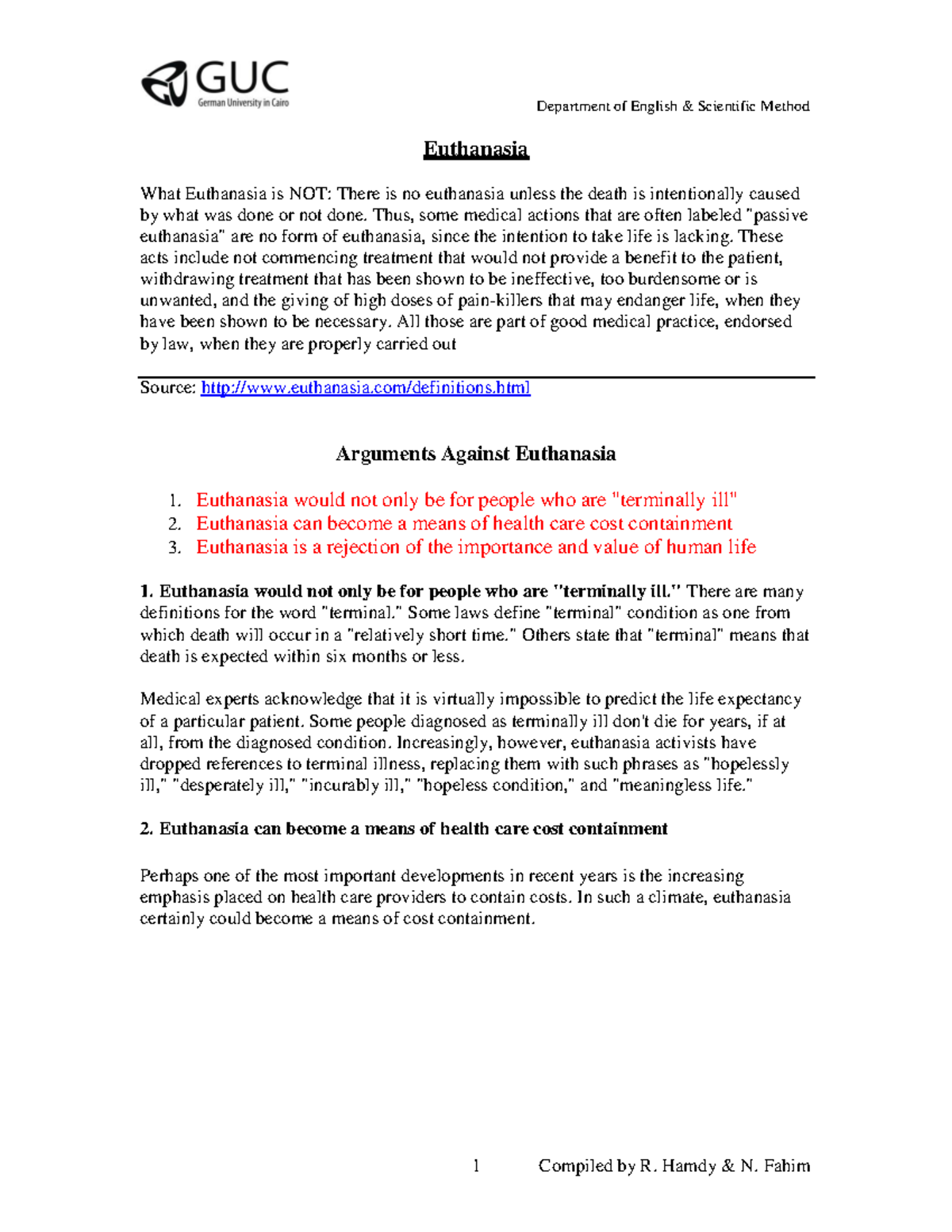 Euthanasia article - English text - Euthanasia What Euthanasia is NOT ...