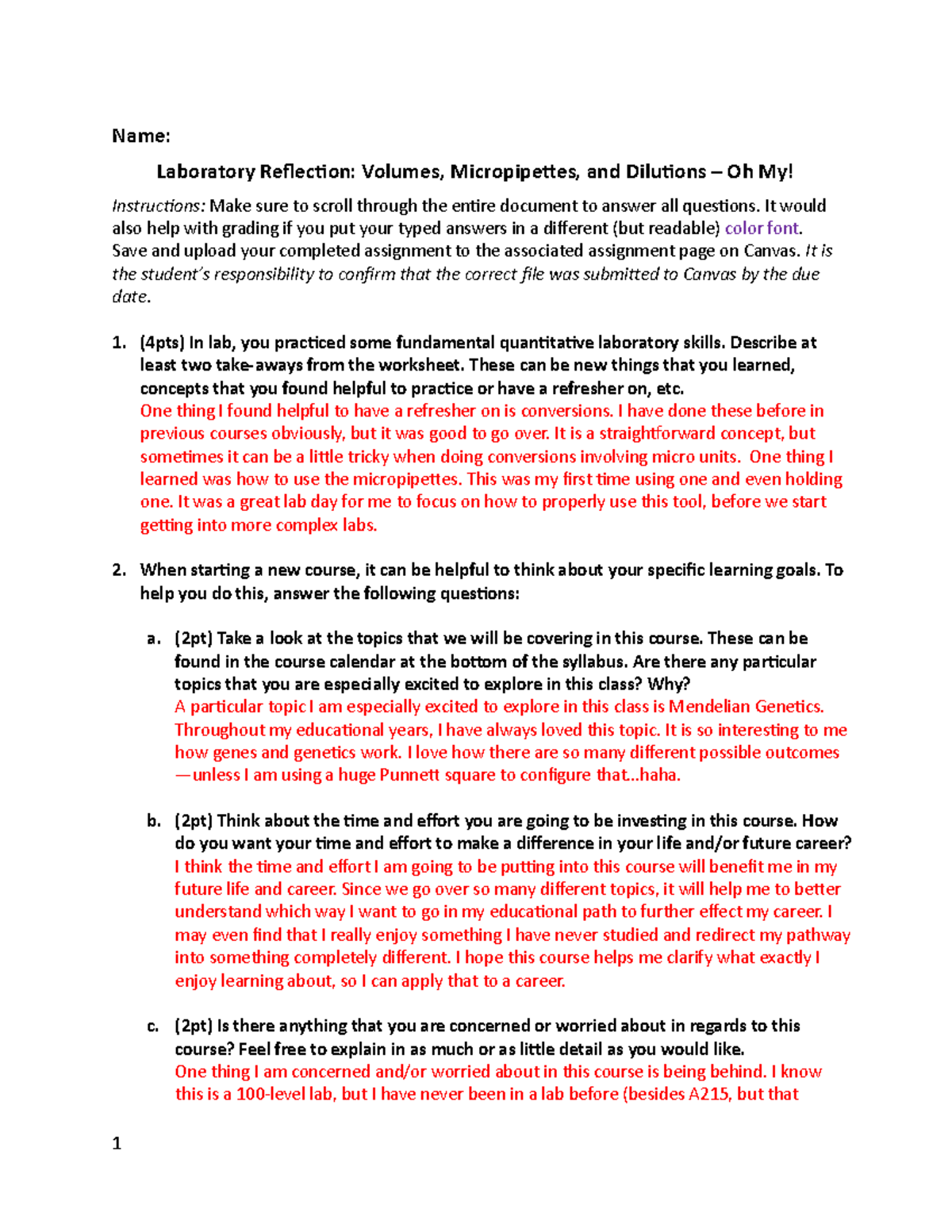 L113 Week 1 laboratory reflection - Volumes, Micropipettes, Dilutions ...