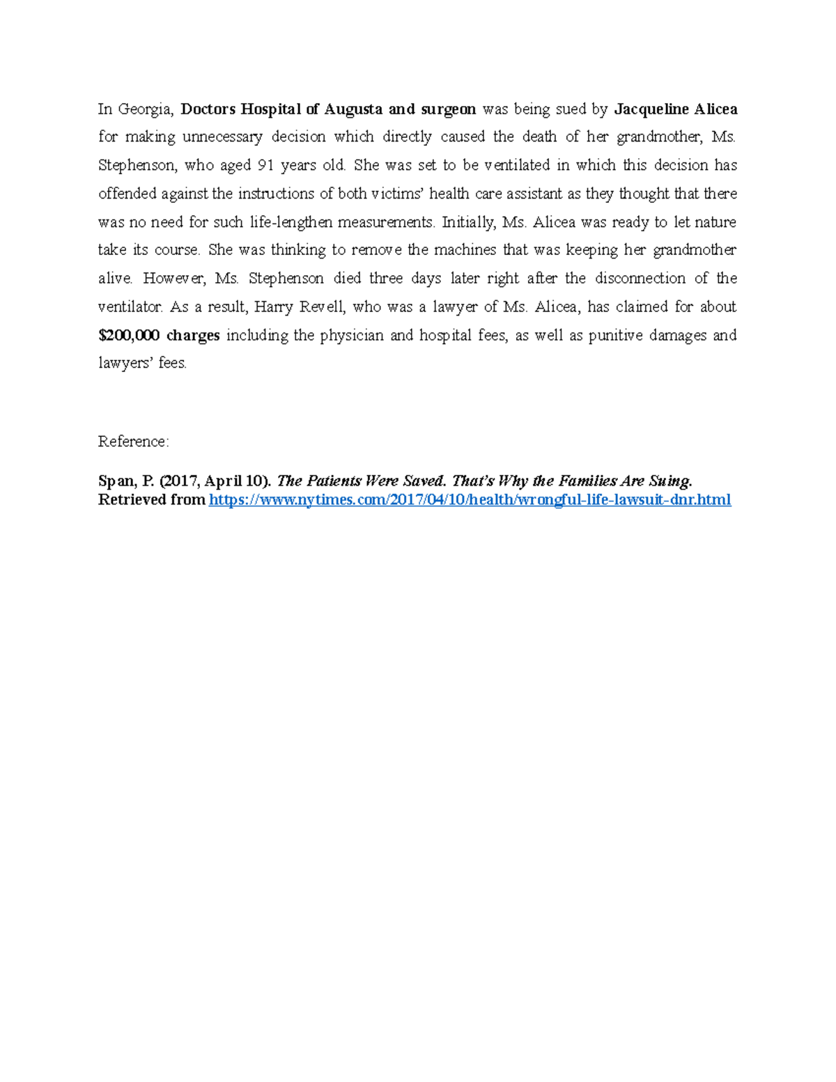 Activity - Summary for Doctors Hospital of Augusta and surgeon v ...