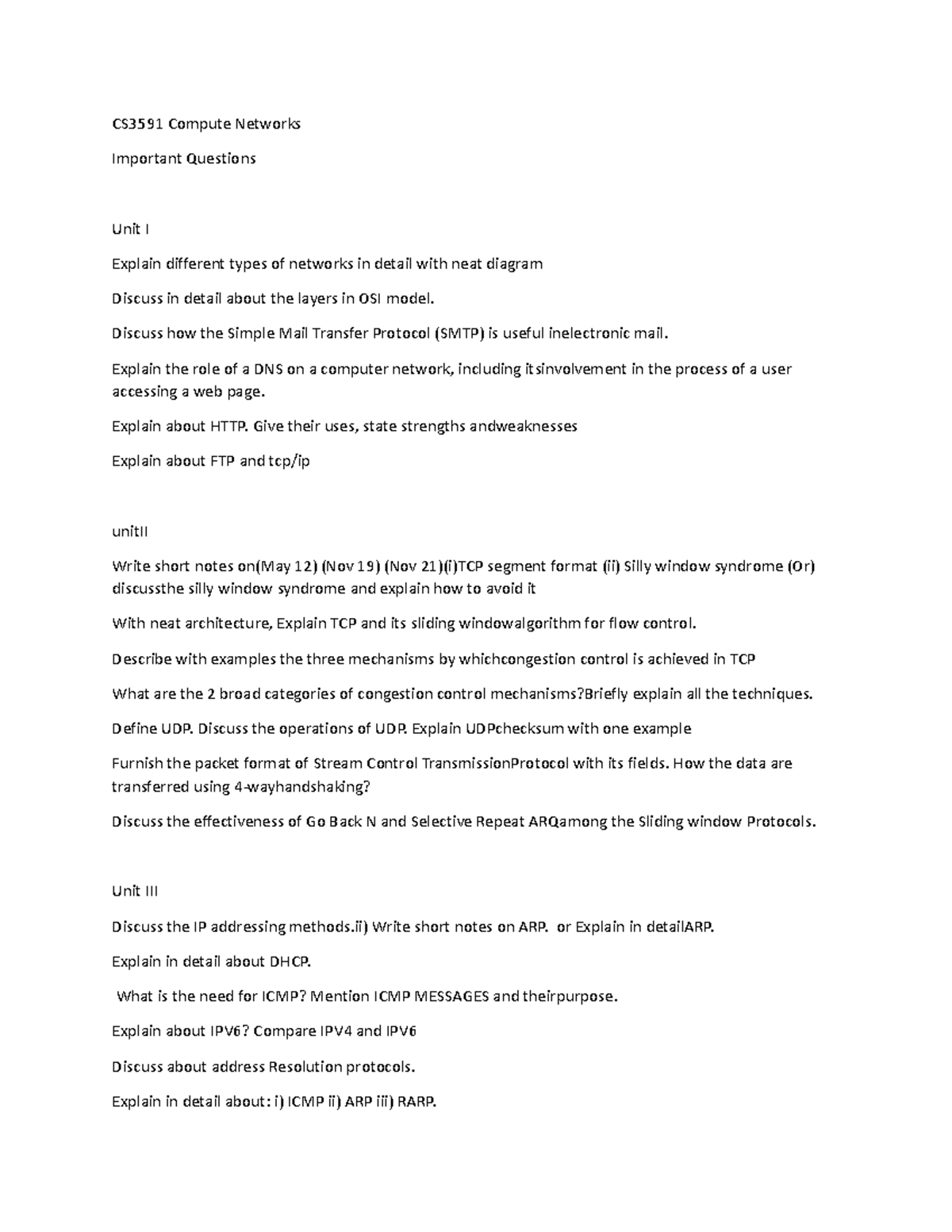 CS3591 Compute Networks - CS3591 Compute Networks Important Questions Unit I Explain different ...