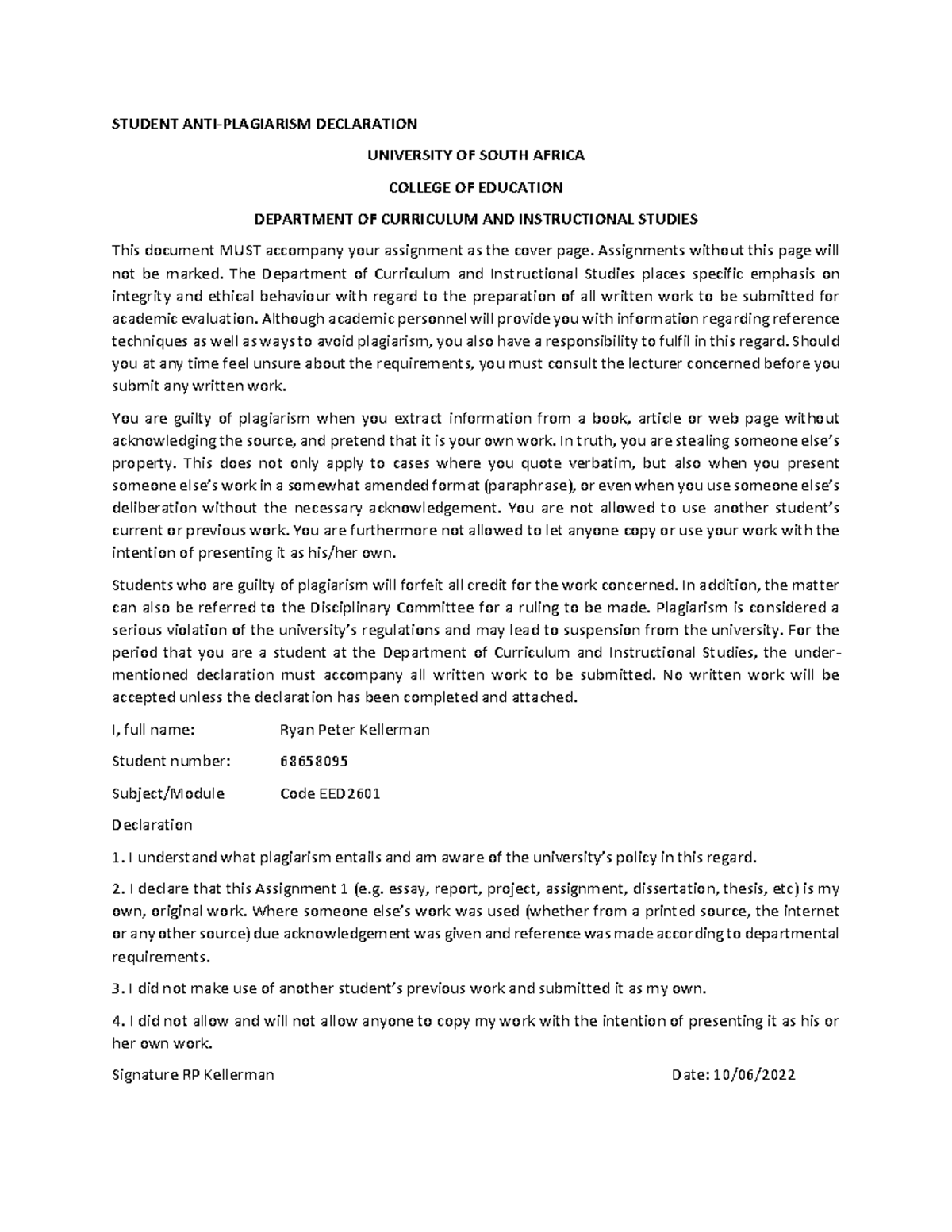 EED2601 ASS 3 - Ass 3 - STUDENT ANTI-PLAGIARISM DECLARATION UNIVERSITY ...