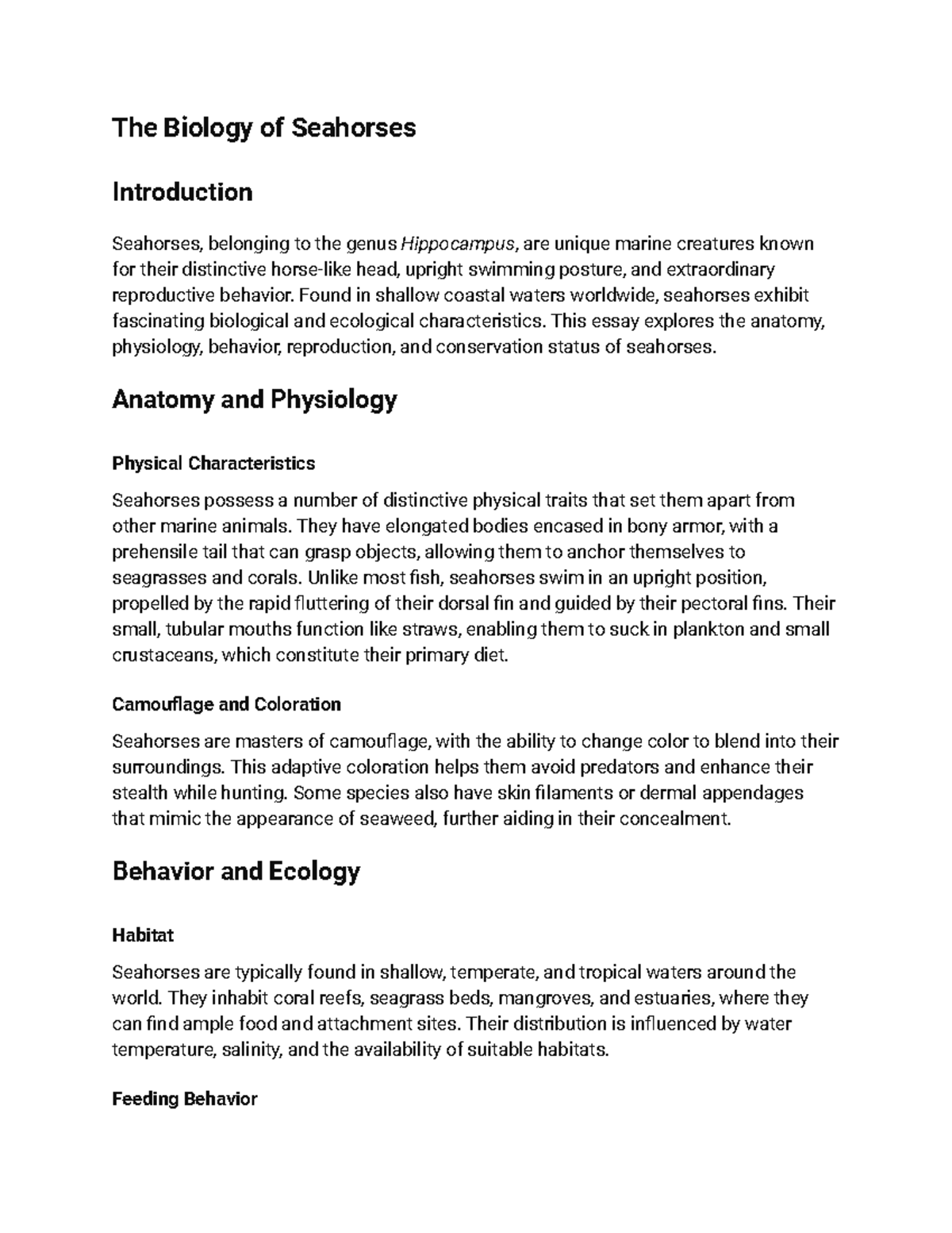 Biology of Seahorses - The Biology of Seahorses Introduction Seahorses ...