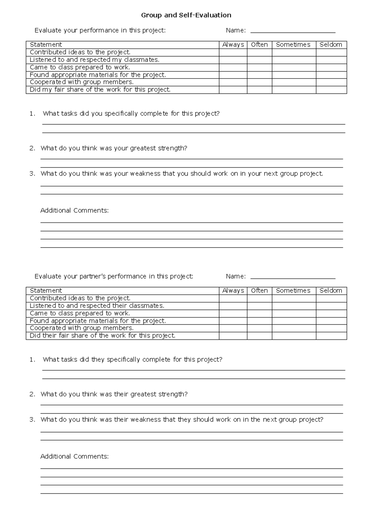 Group and Self Evaluation - Group and Self-Evaluation Evaluate your ...
