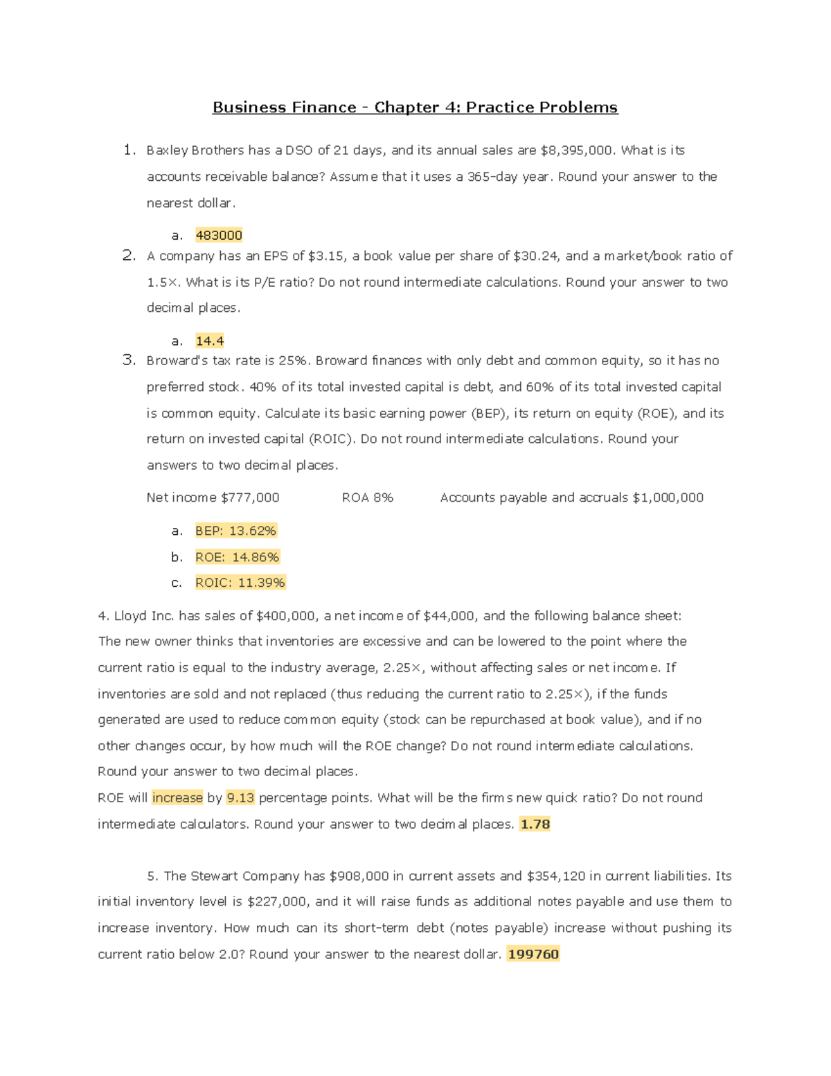 Business Finance - Chapter 4 Practice Problems - Business Finance - Chapter 4: Practice Problems ...