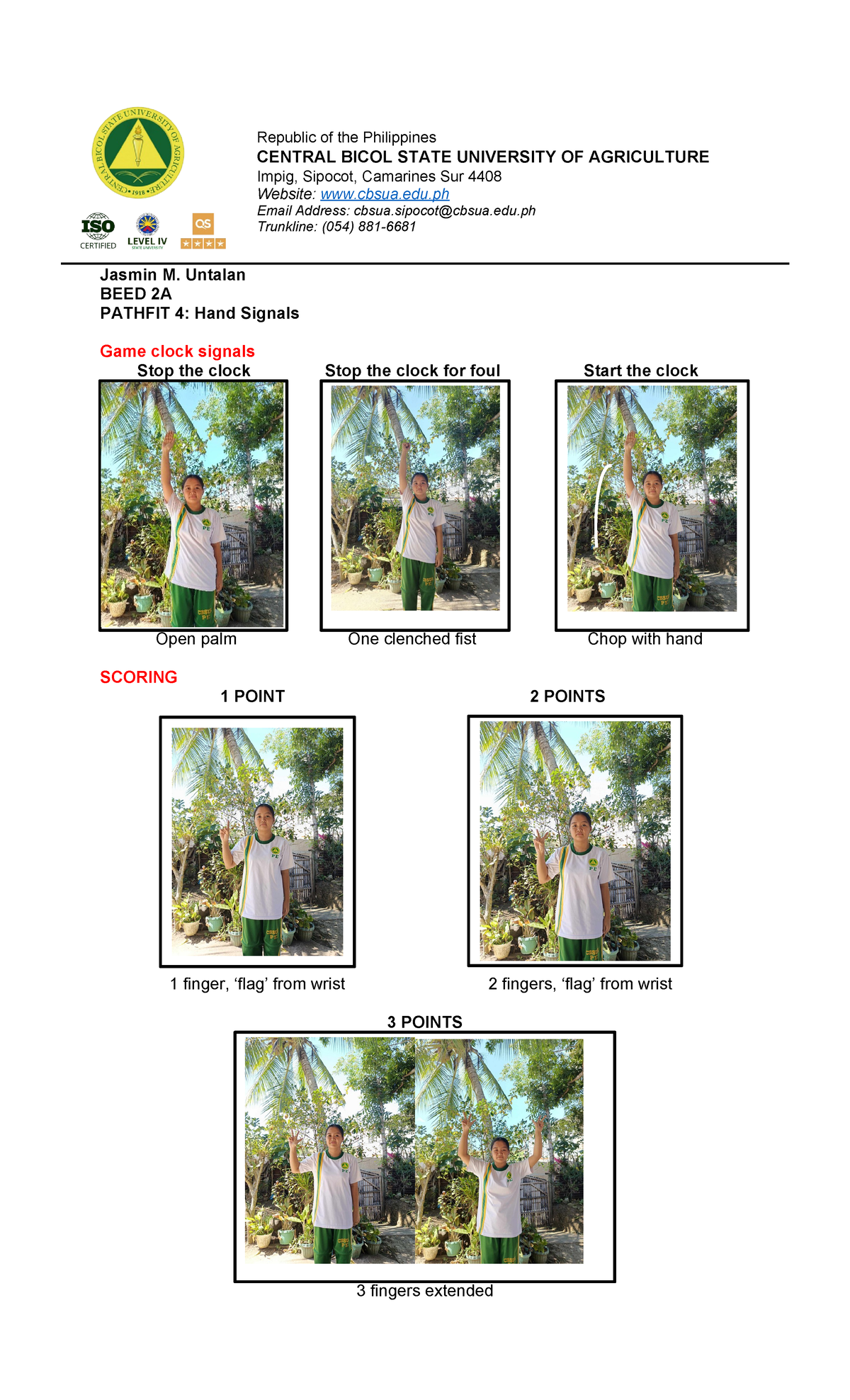 Hand Signals Pathfit 4 - Republic of the Philippines CENTRAL BICOL ...