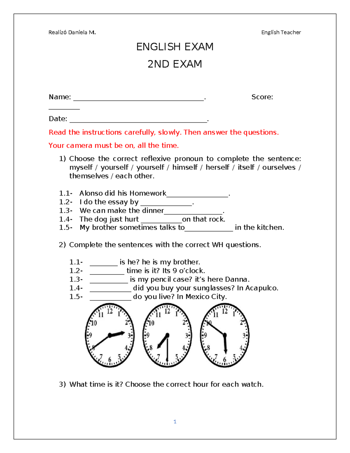 Second English EXAM - aqui un examen de ayuda en inglés - Realizó ...