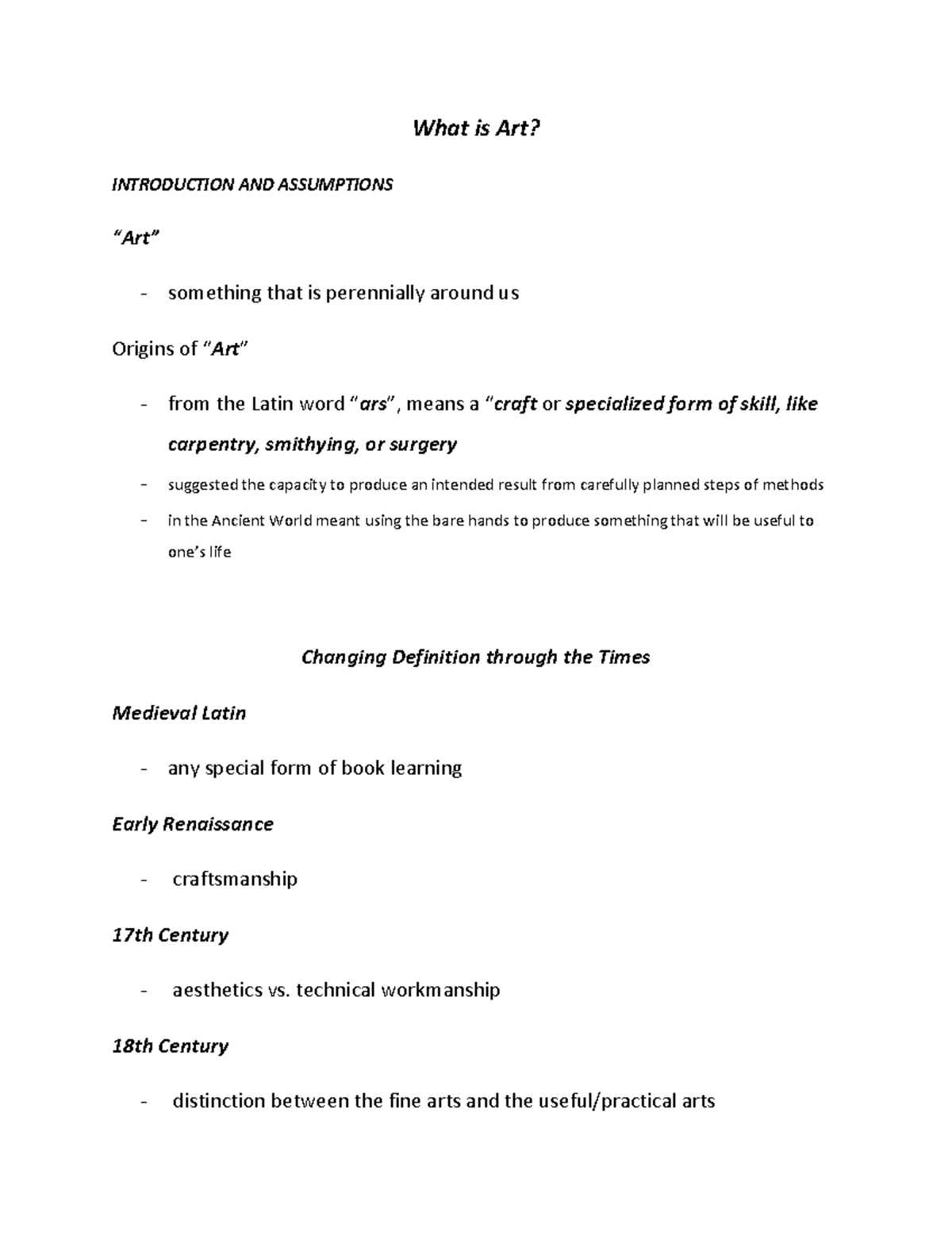 What is Art - Lecture notes 1-3 - What is Art? INTRODUCTION AND ...