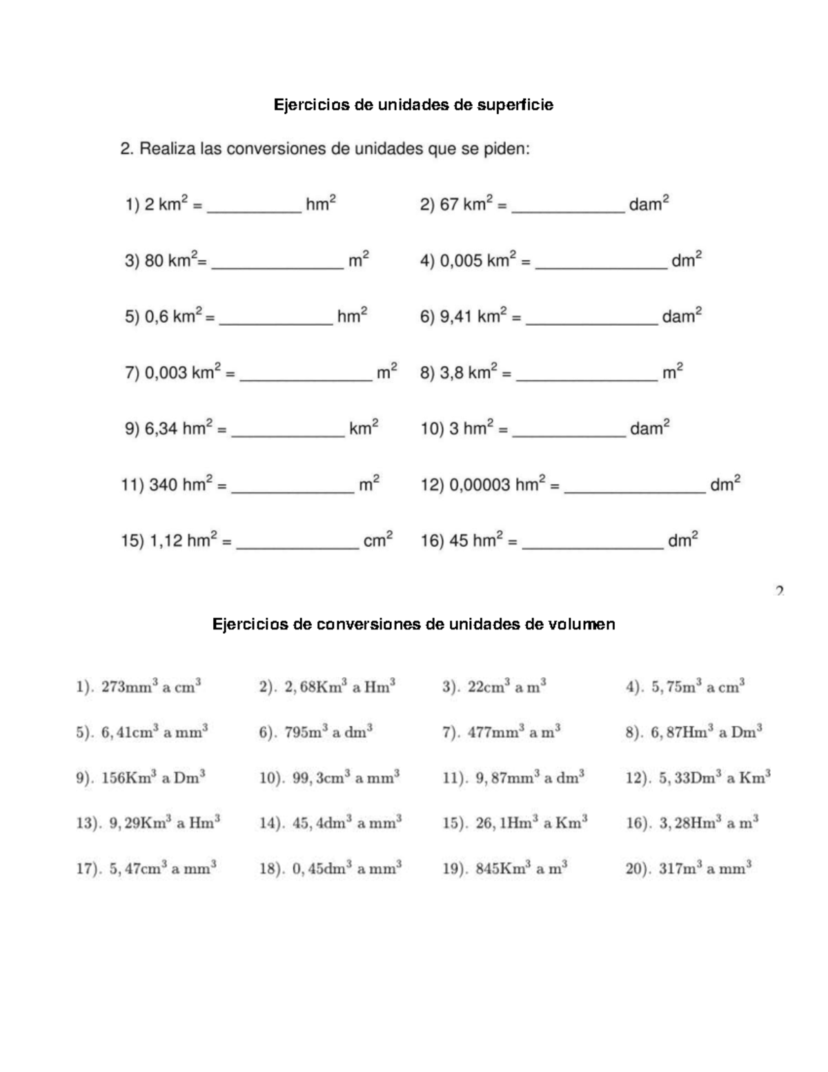 Ejercicios de Conversiones de Superficie- Volumen y de Tiempo - Ejercicios de unidades de ...
