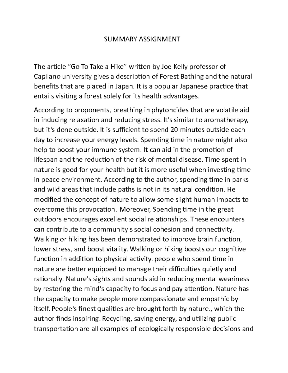 Summary Assignment - SUMMARY ASSIGNMENT The article “Go To Take a Hike ...