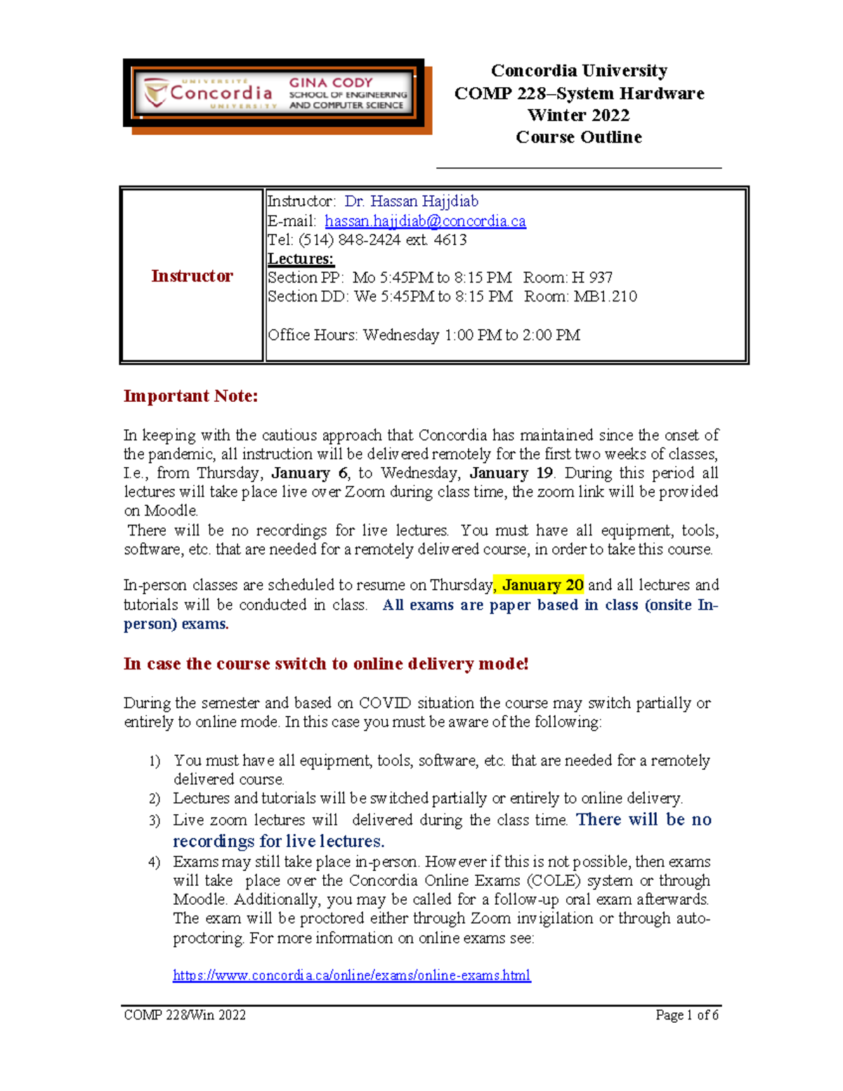Comp 228 Course Outline Winter 2022 Concordia University Comp 228system Hardware Winter 2022 