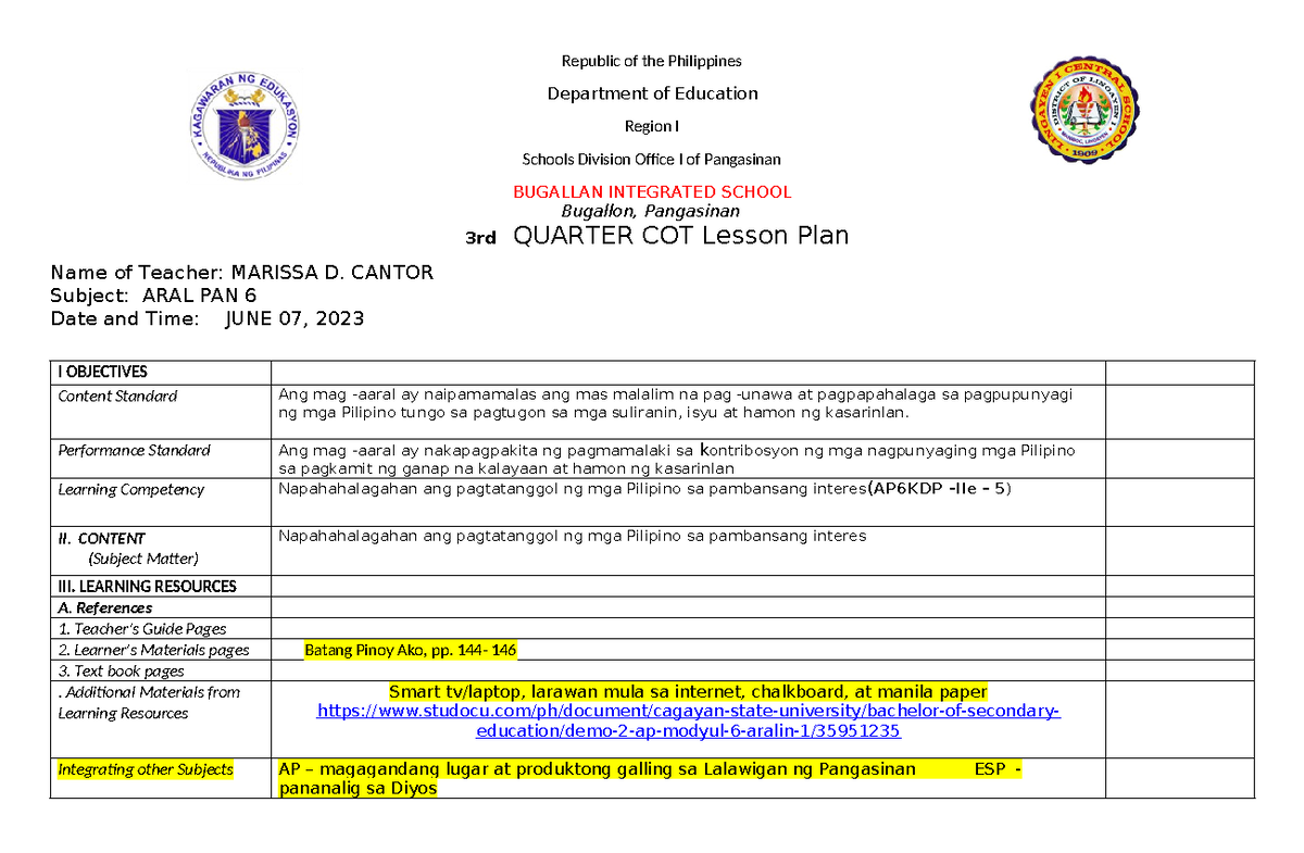 COT1 Filipino DLP 3rd Quarter - Republic of the Philippines Department ...