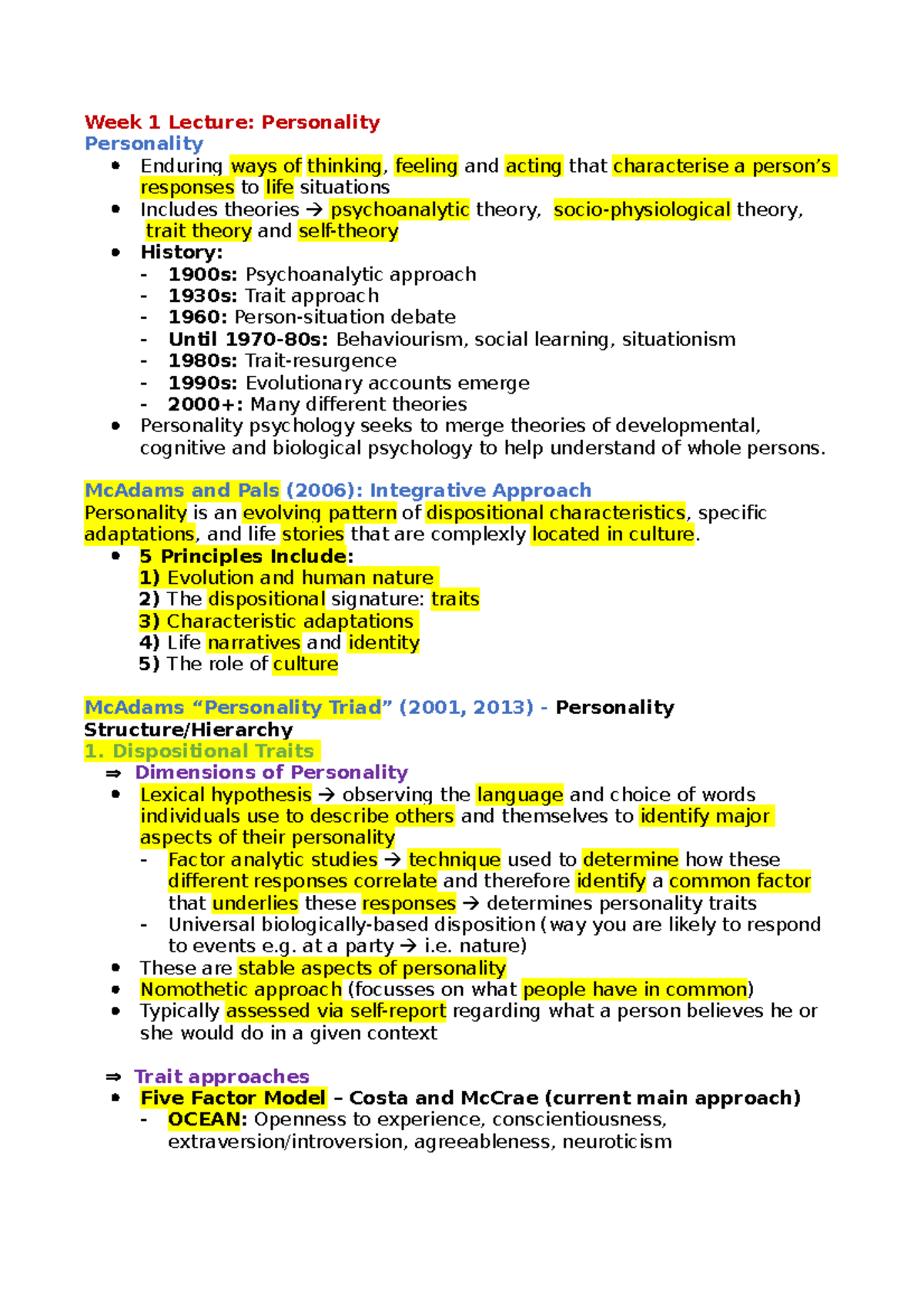 Personality notes - Week 1 Lecture: Personality Personality Enduring ...