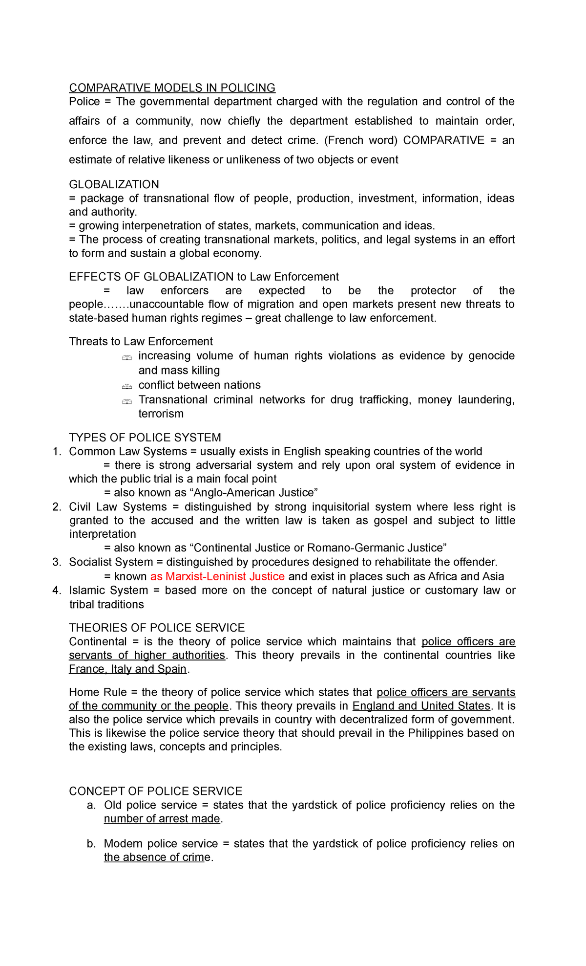 Comparative-police-system - COMPARATIVE MODELS IN POLICING Police = The ...
