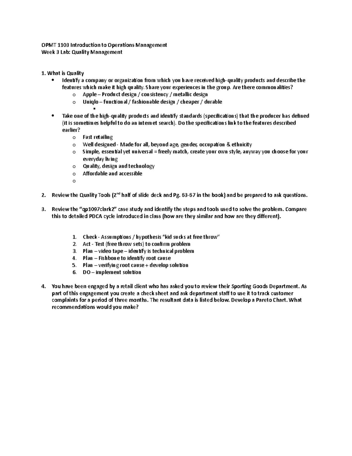 OPMT 1103 Week 3 Lab Exercise - OPMT 1103 Introduction to Operations Management Week 3 Lab ...