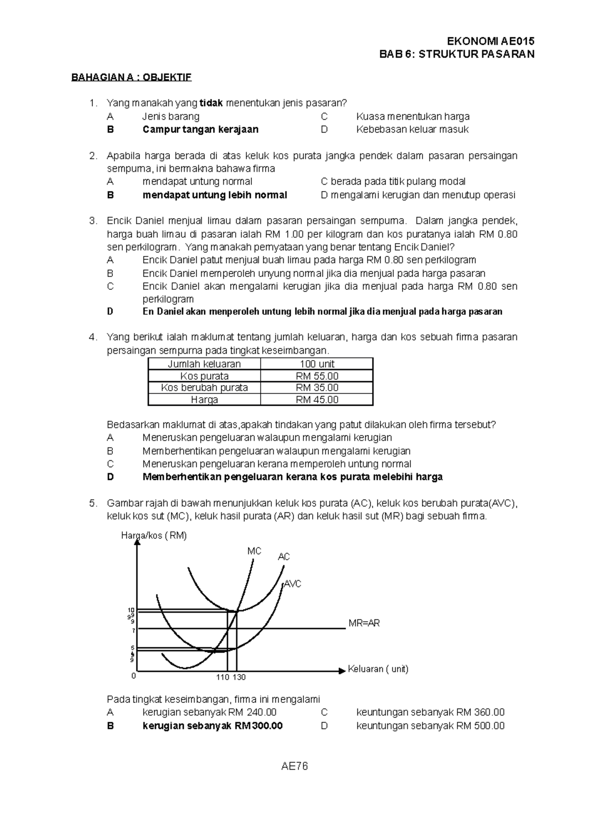 Ulngkaji BAB 6 Struktur Pasaran - BAB 6: STRUKTUR PASARAN BAHAGIAN A : OBJEKTIF 1. Yang manakah ...