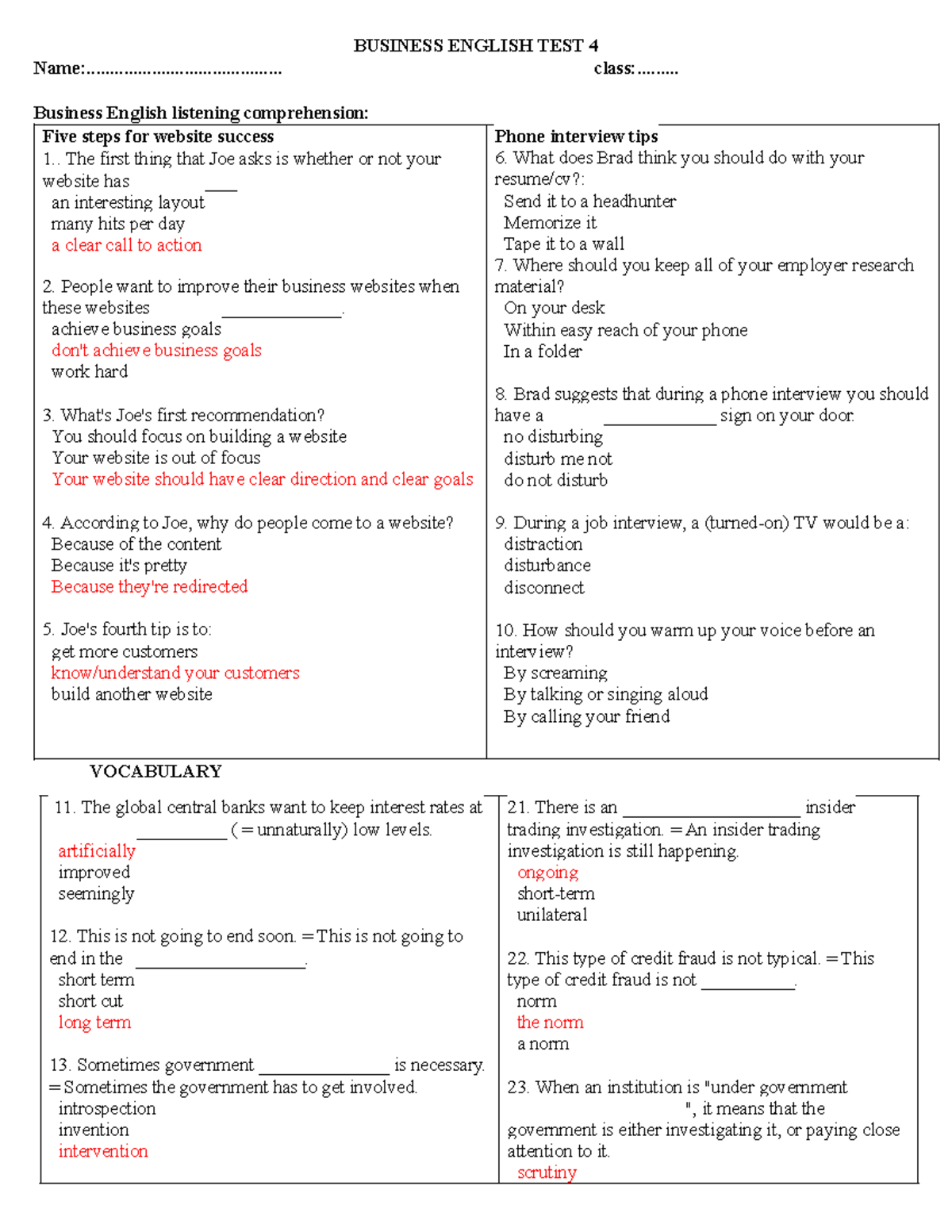 Business English TEST 4 - BUSINESS ENGLISH TEST 4 Name