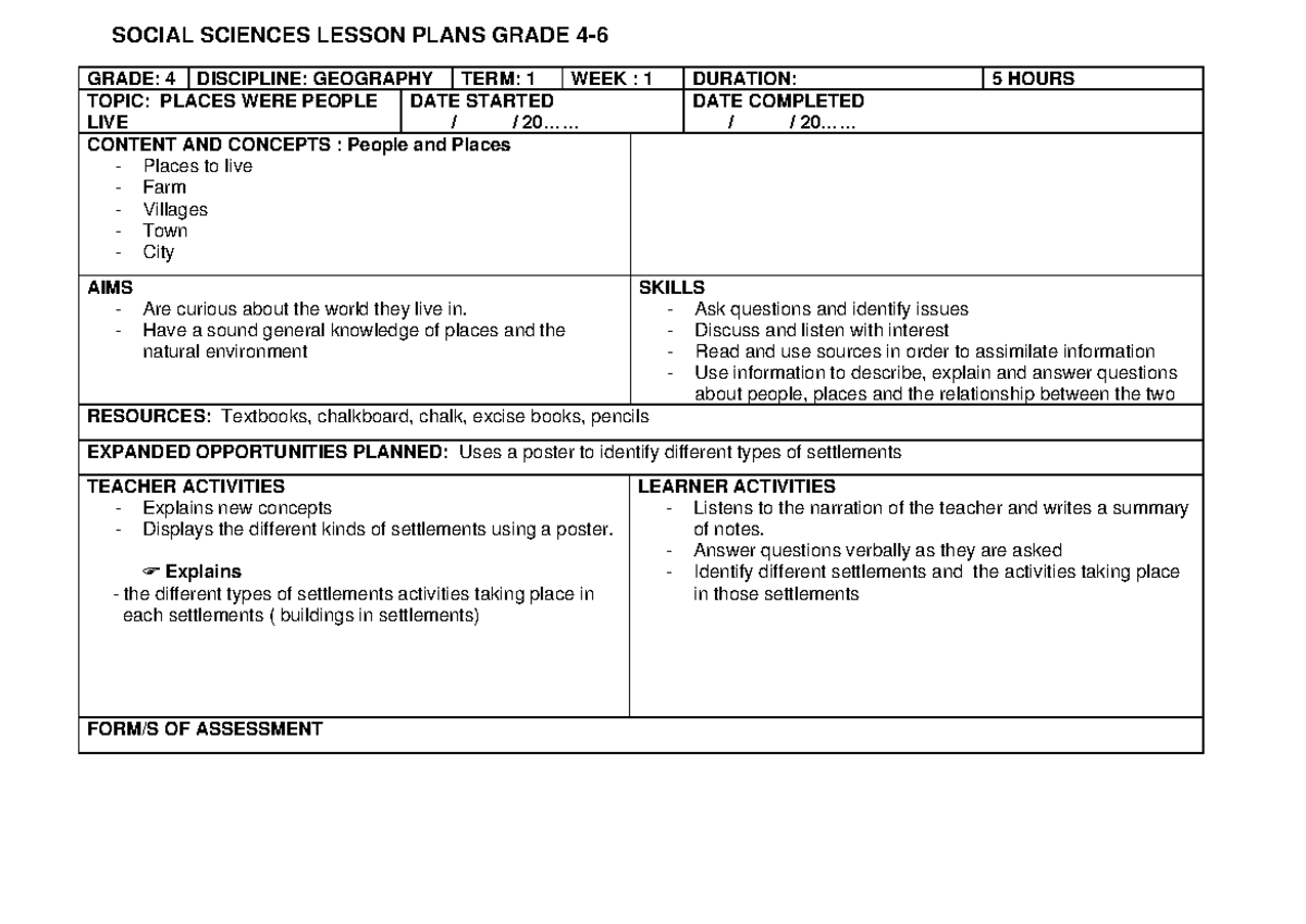 Lesson plans SS Gr4-7 - GRADE: 4 DISCIPLINE: GEOGRAPHY TERM: 1 WEEK : 1 ...