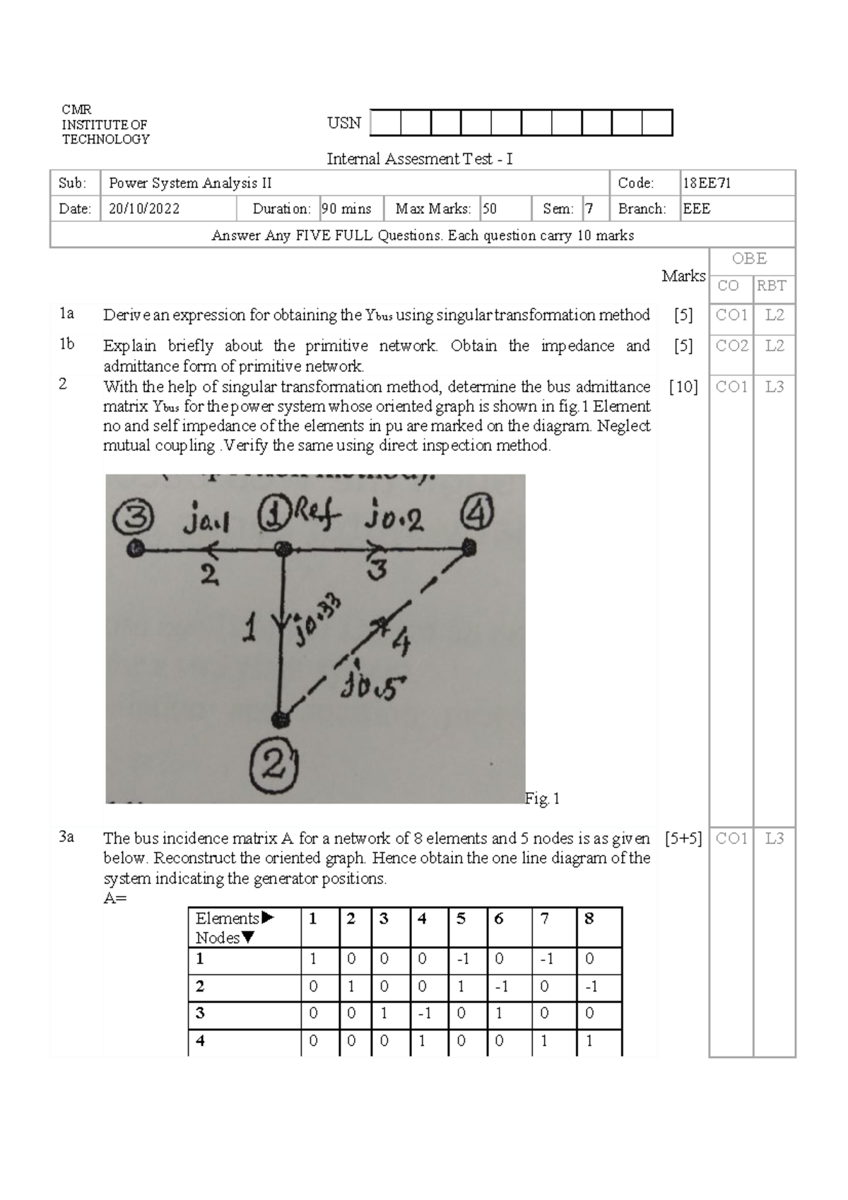 IAT-I Question Paper with Solution of 18EE71 Power System Analysis II ...