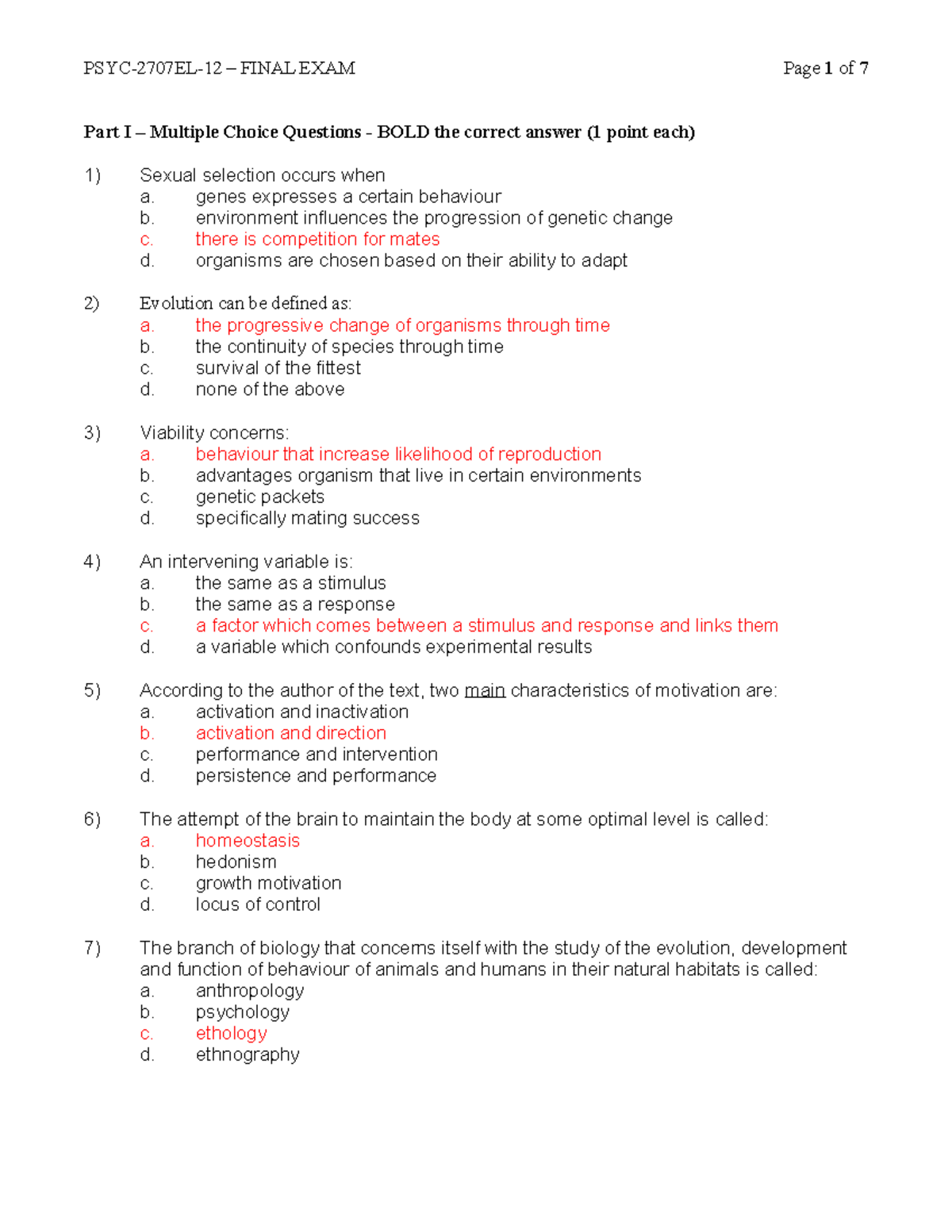 Motivation Final EXAM Final - Part I – Multiple Choice Questions - BOLD ...