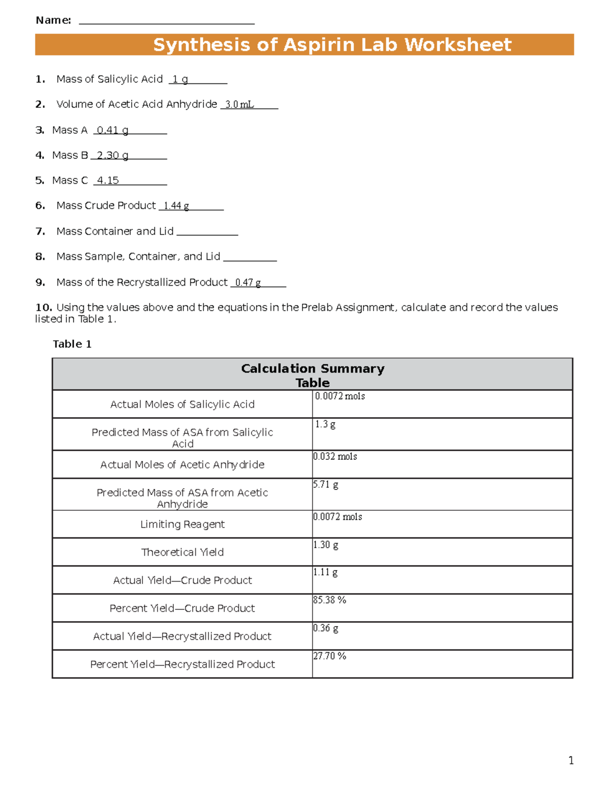 Aspirin Lab - Lab details, notes, and course specific data - 1. Mass of ...