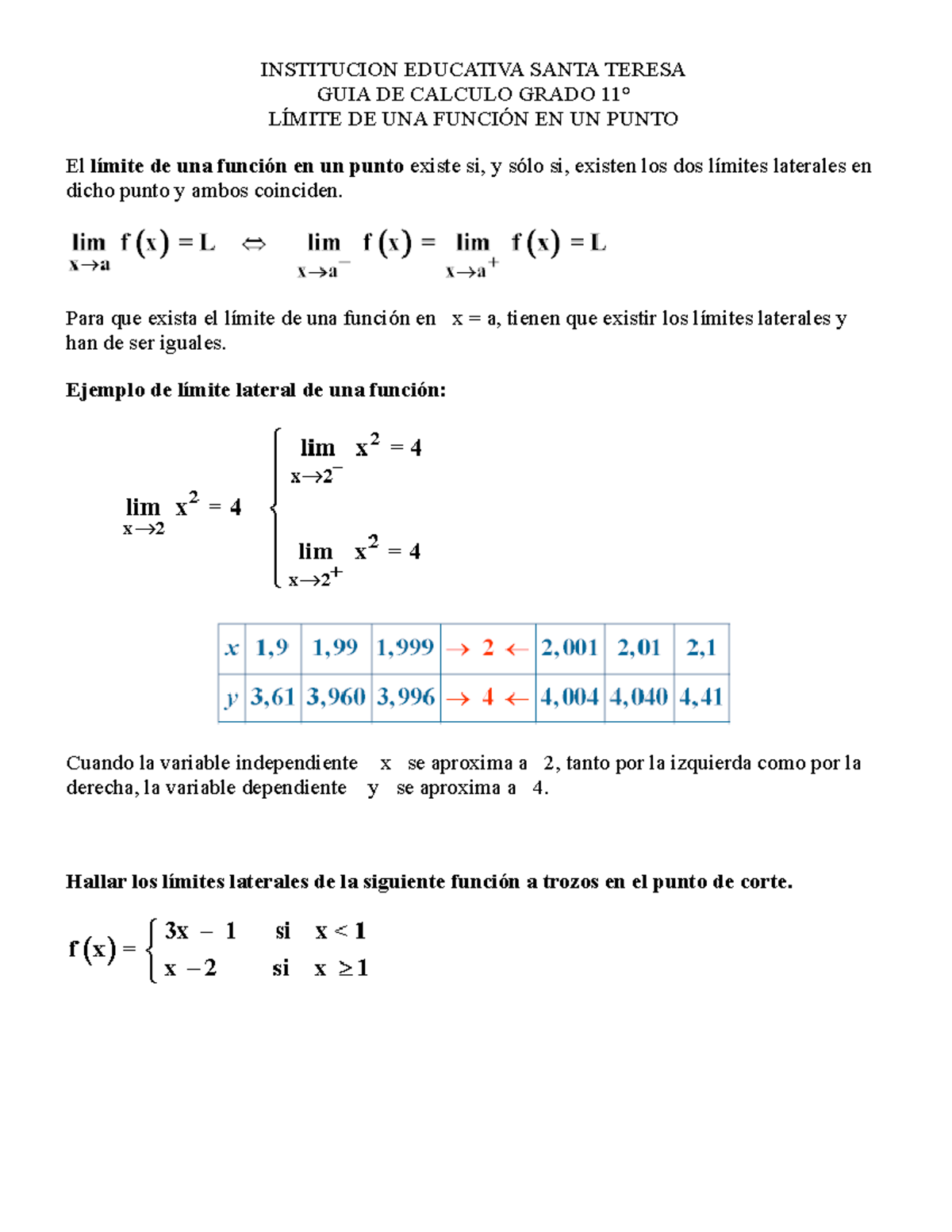 GUIA N°9 Limite Grado 11° - INSTITUCION EDUCATIVA SANTA TERESA GUIA DE ...