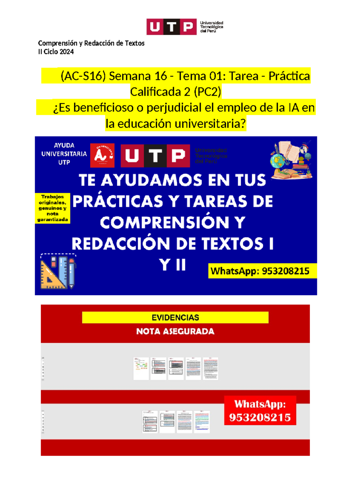🔴 (AC-S16) Semana 16 - Tema 01 Tarea - Práctica Calificada 2 (PC2) - Comprensión y Redacción de ...