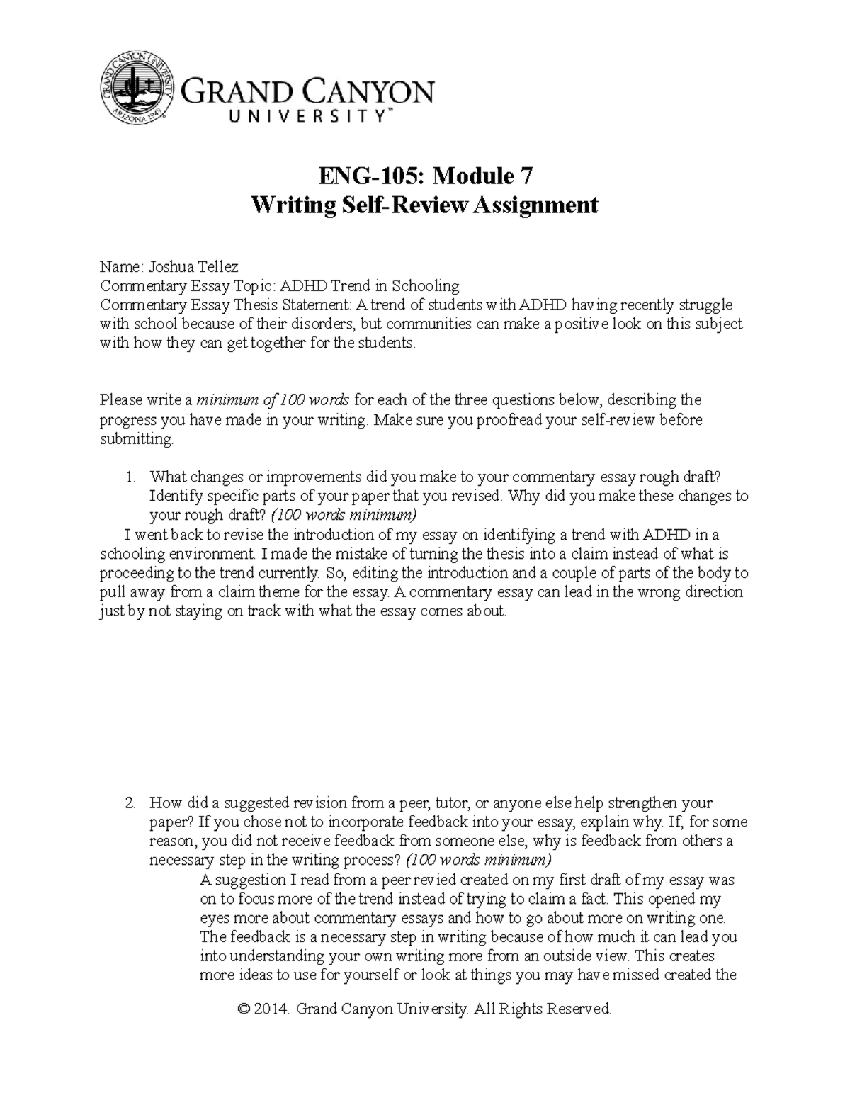 ENG 105 RS Self Review Assignment - ENG-105: Module 7 Writing Self-Review Assignment Name ...
