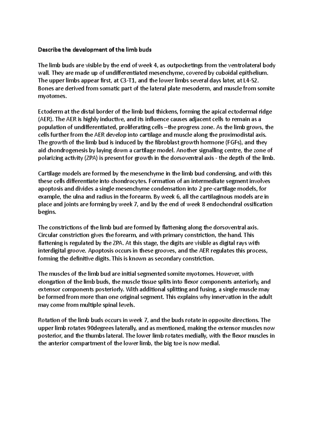 LIMB Development E - Limb - Describe the development of the limb buds ...