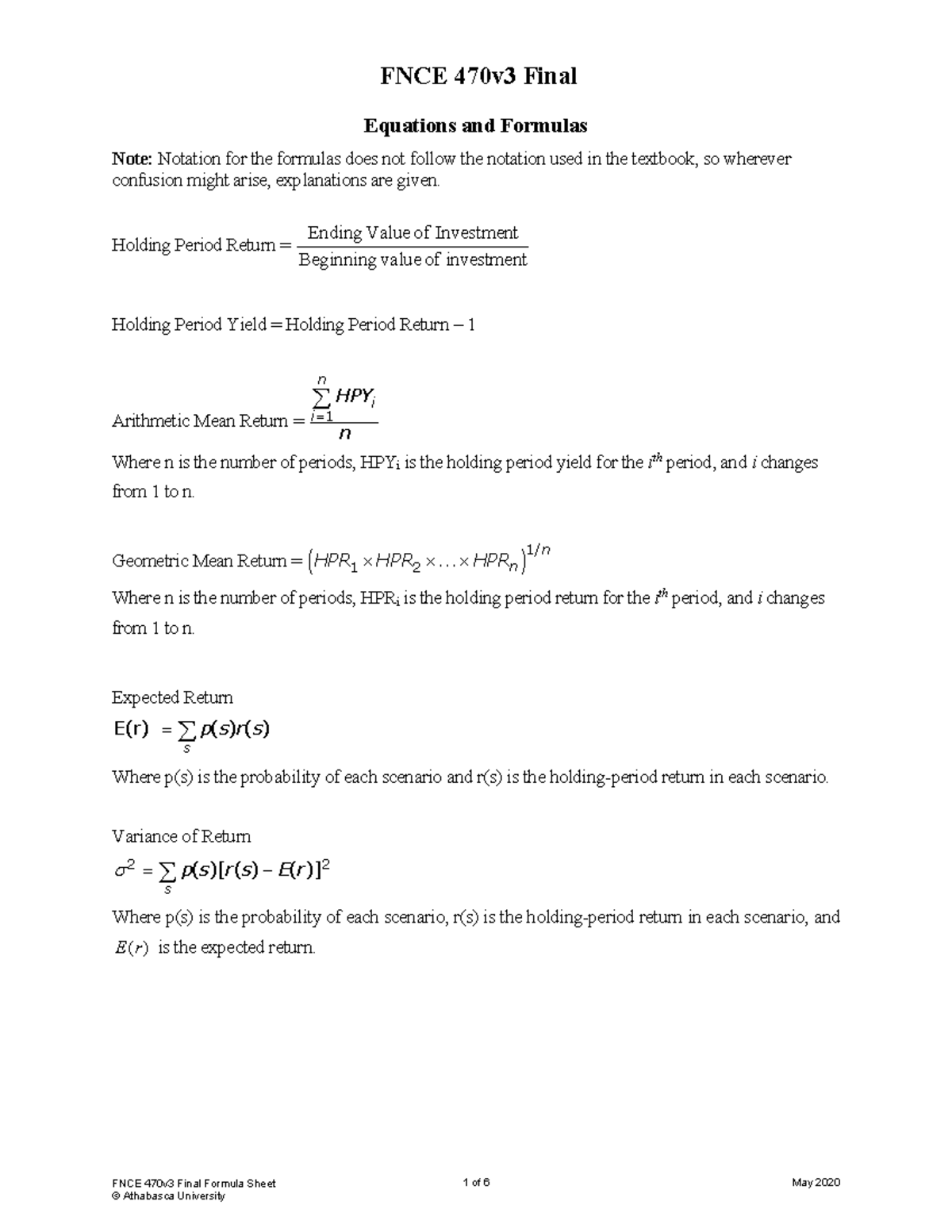 FNCE470v3Formula Sheet - Equations and Formulas Note: Notation for the ...