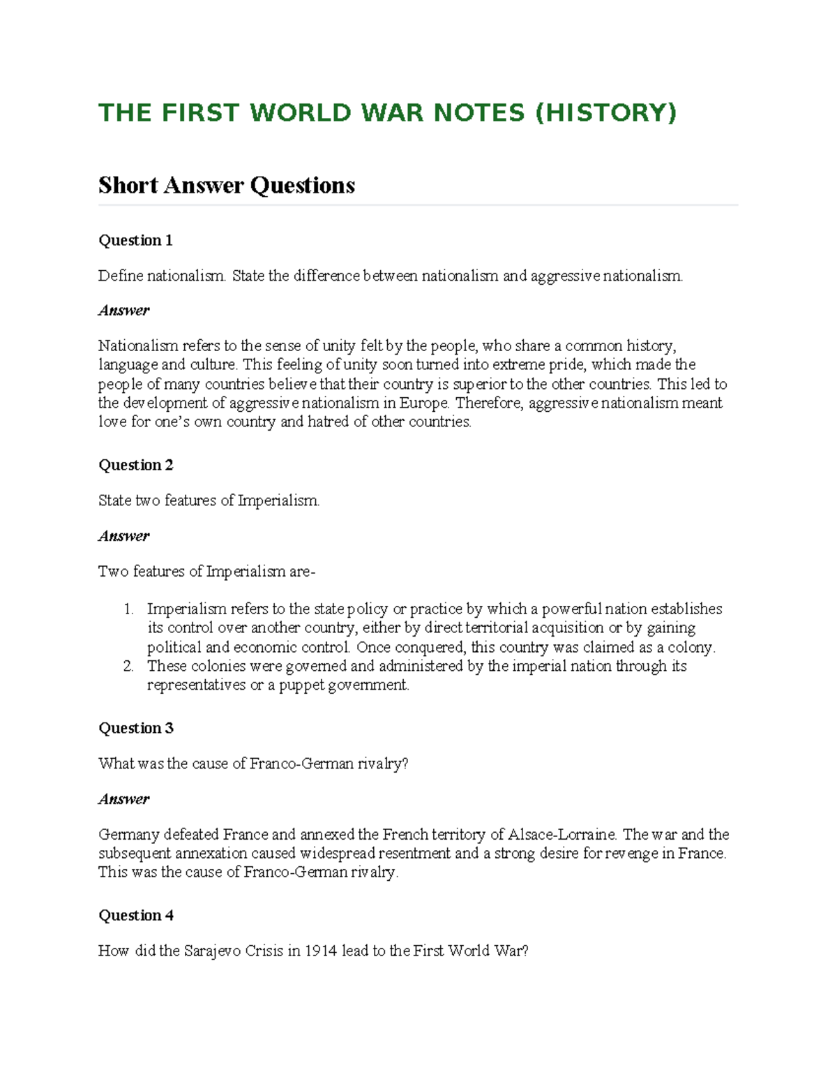 THE First World WAR - THE FIRST WORLD WAR NOTES (HISTORY) Short Answer ...