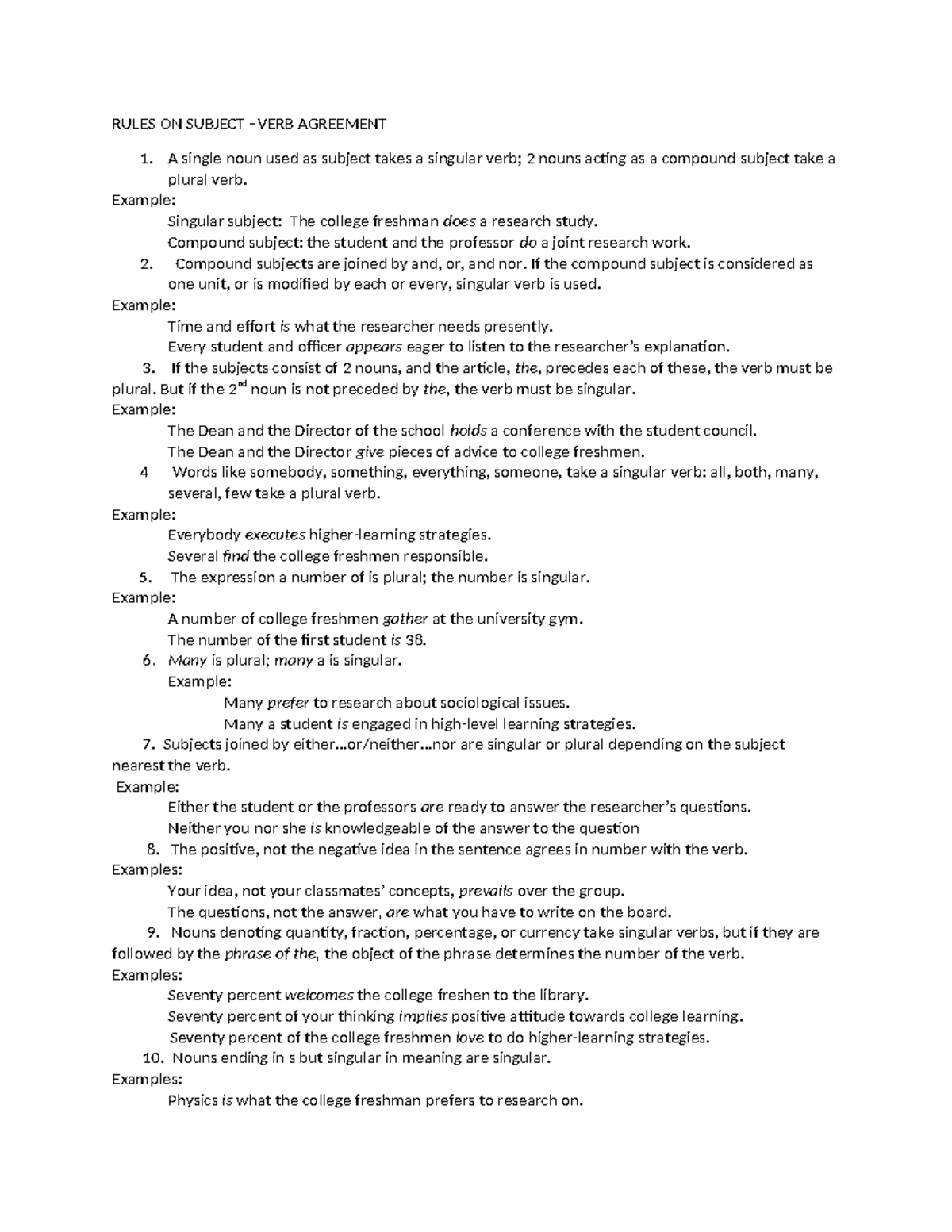 Rules-ON- Subject - English - RULES ON SUBJECT –VERB AGREEMENT A single ...