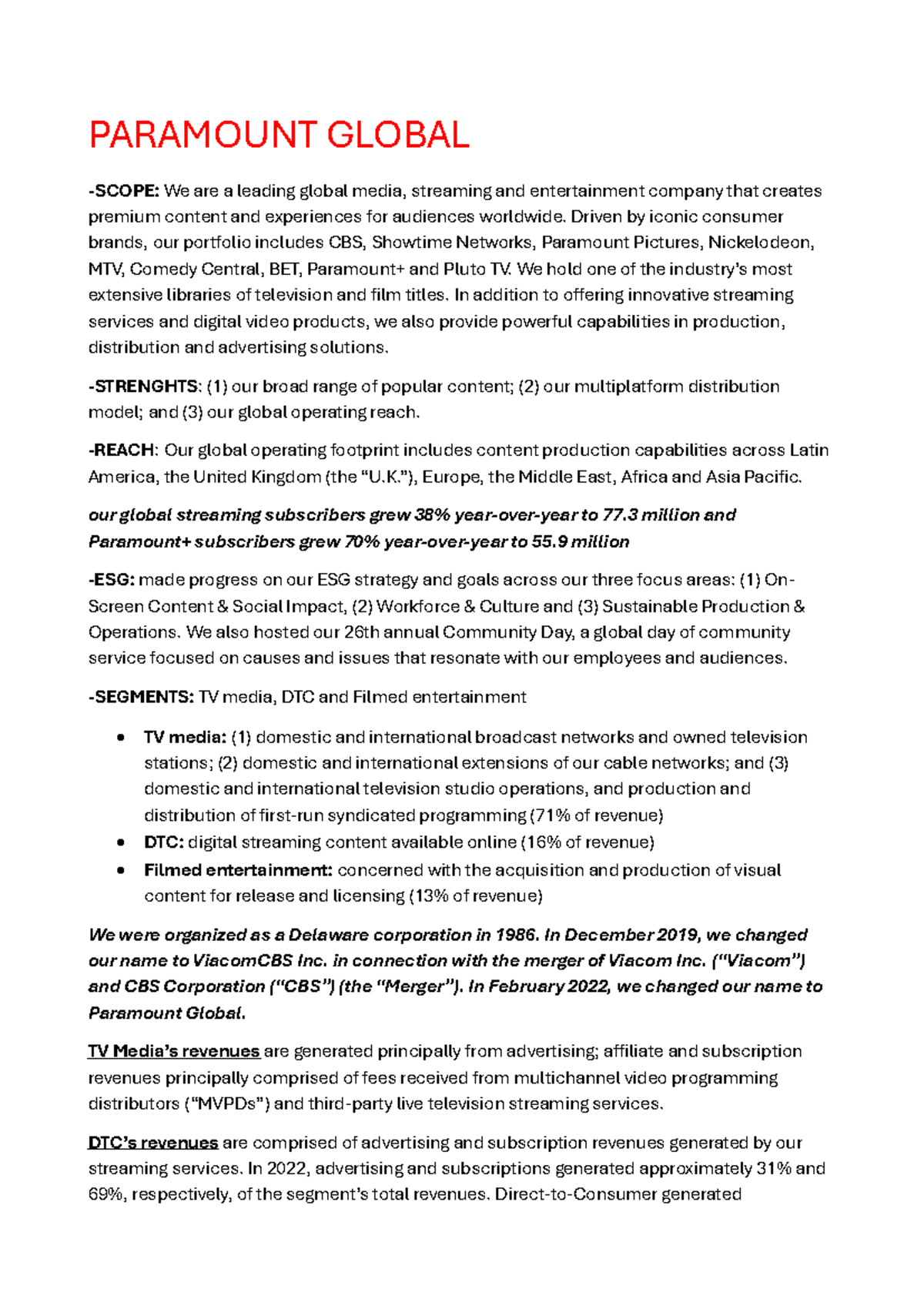 Paramount Global - PARAMOUNT GLOBAL SCOPE: We are a leading global ...