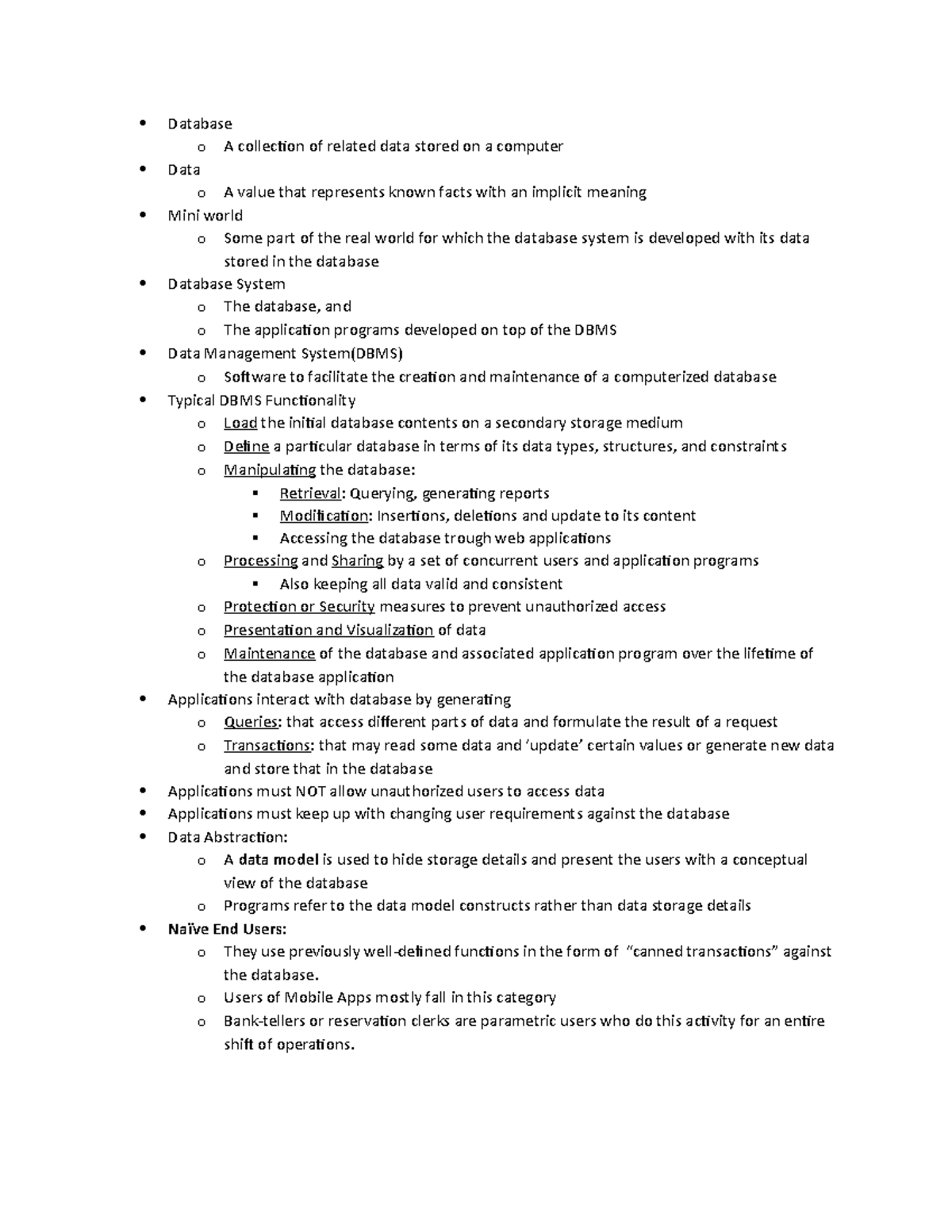 Notes - Database o A collection of related data stored on a computer ...
