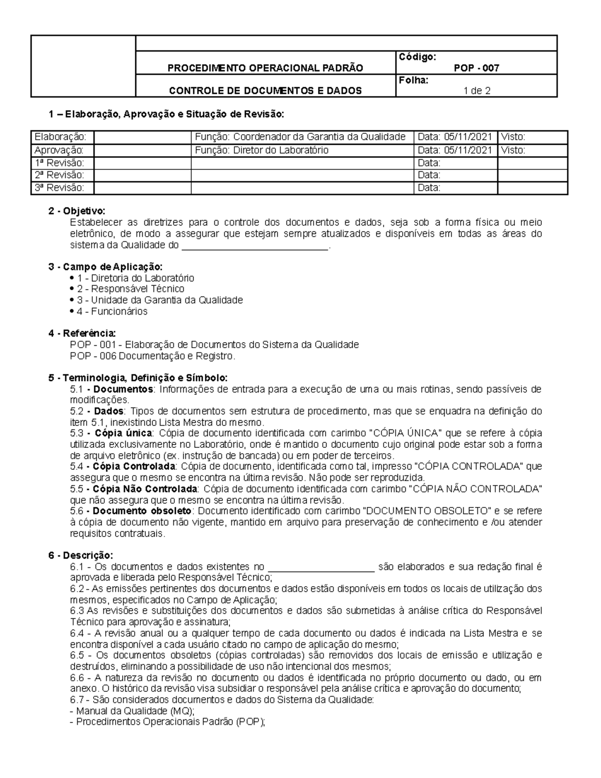 POP - 006 Documentação e Registro - PROCEDIMENTO OPERACIONAL PADRÃO ...