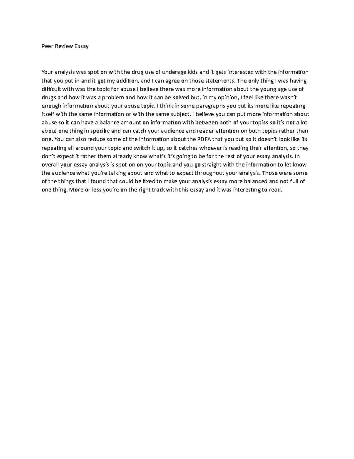Peer Review For Veronica Ferguson - Peer Review Essay Your analysis was ...