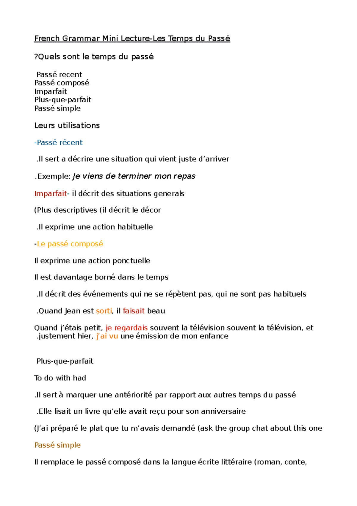 French Grammar Les Temps du Passe doc - French Grammar Mini Lecture-Les ...