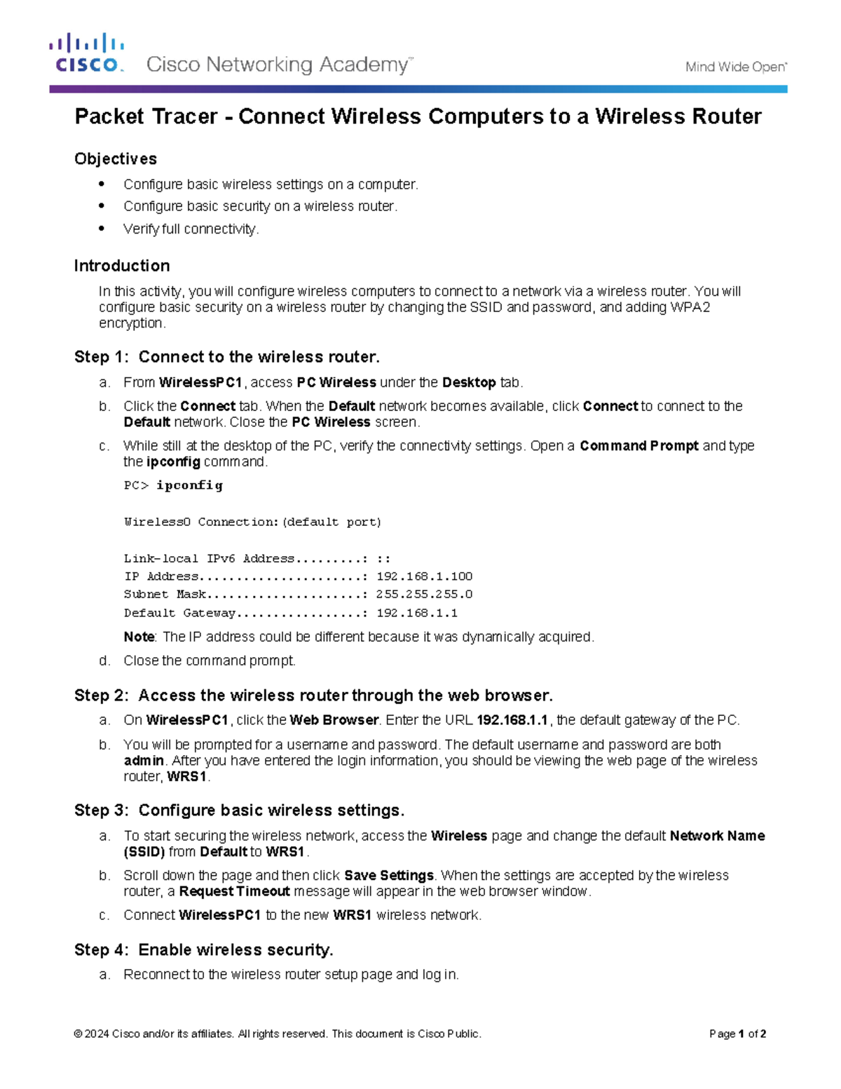 8.1.2.13 Packet Tracer - Connect Wireless Computers to a Wireless Router - Packet Tracer ...